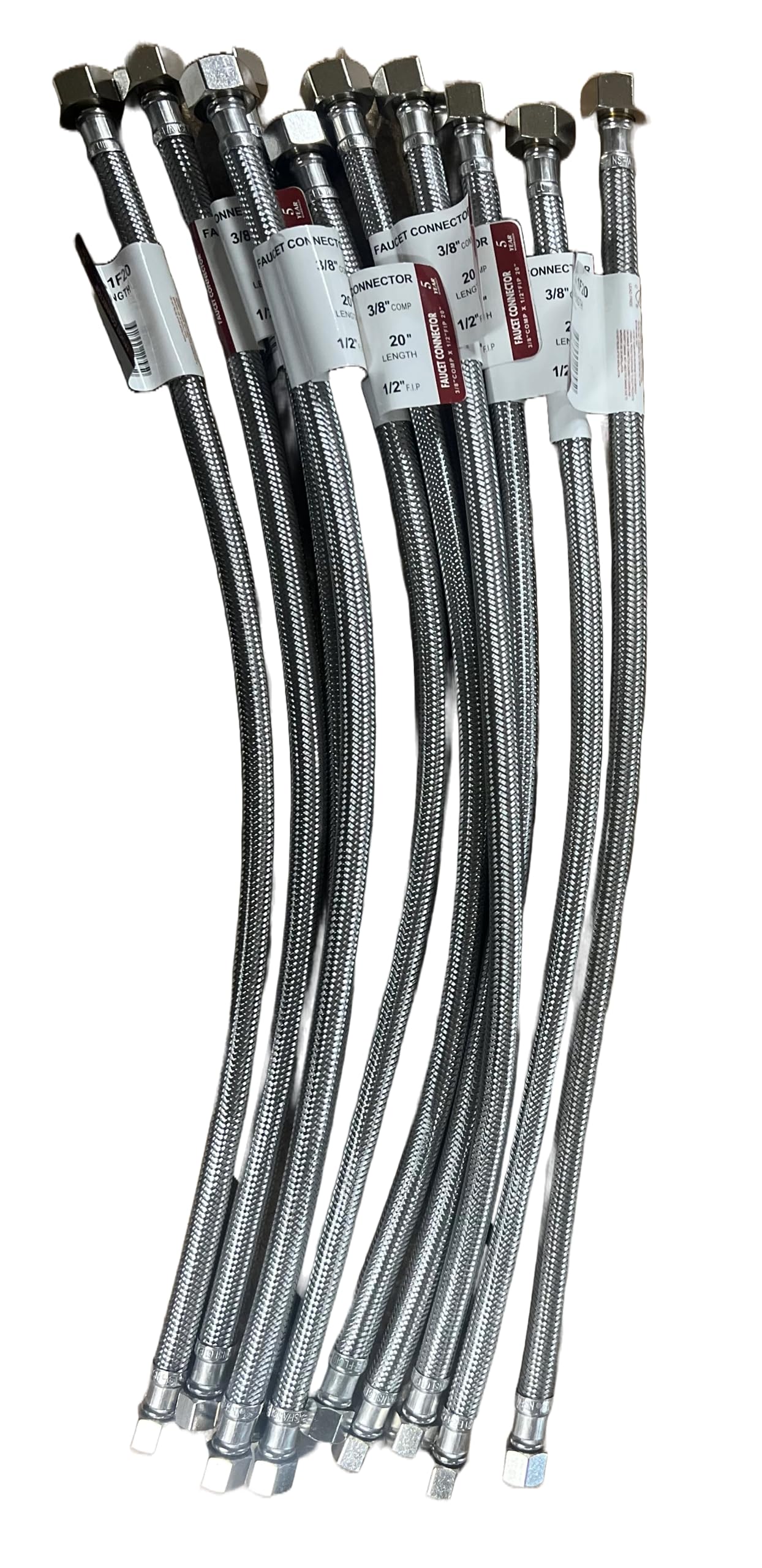 EZ-Fluid (10) 20" Water Supply Line,1/2" Fip x 3/8" Comp LF,Brass Nuts,Universal Stainless Steel Braided Faucet Water Supply Line Connector,Water Supply Hose Connector Lines For Kitchen,Bathroom