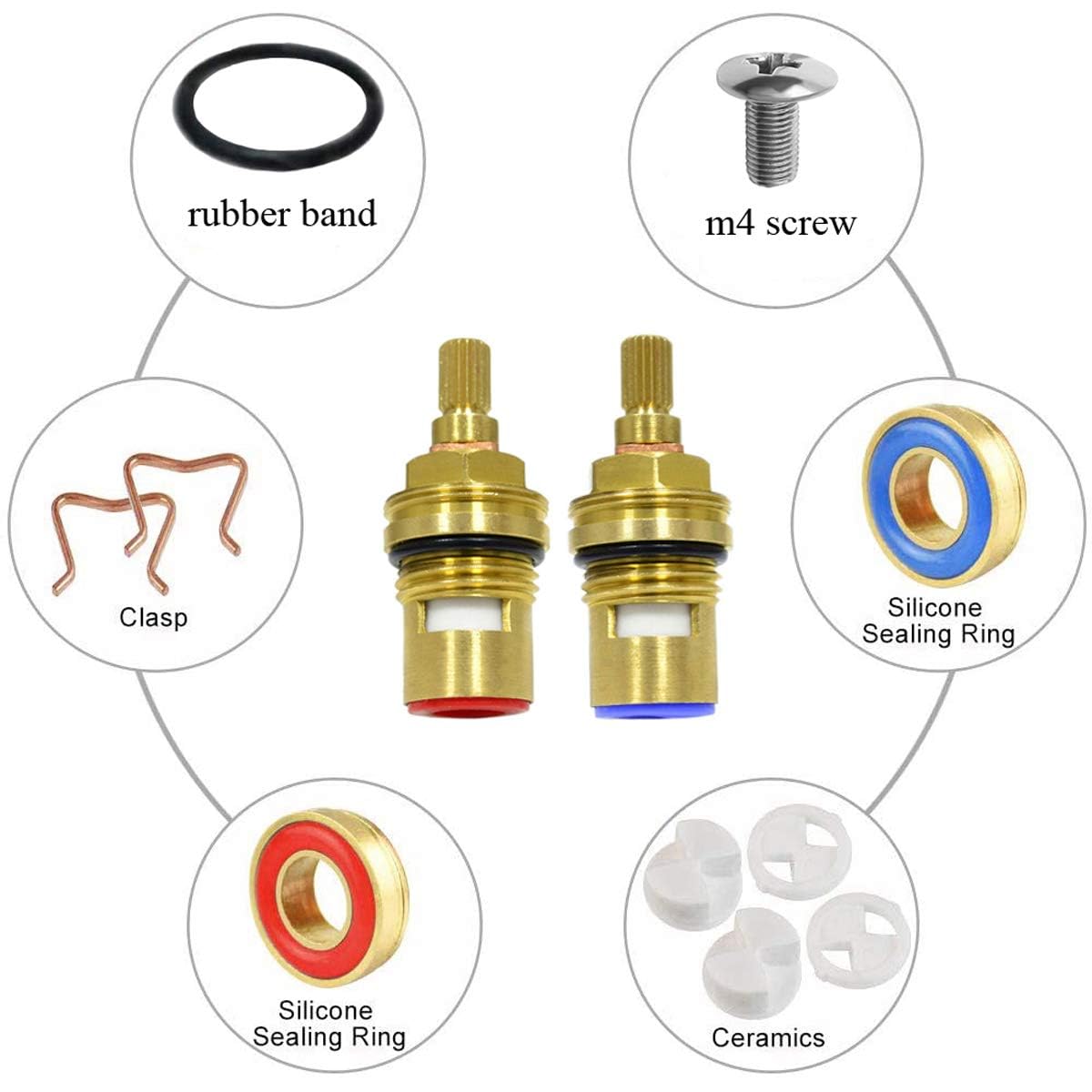 Huashan Replacement Brass Ceramic Disc Stem Cartridge Faucet Valve Quarter Turn 1/2" X 53mm x 12mm spline length 20 teeth(PAIR Hot & Cold)