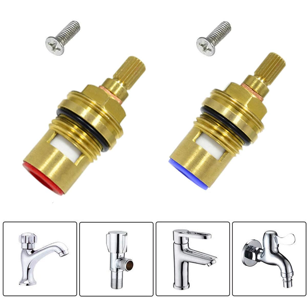 Huashan Replacement Brass Ceramic Disc Stem Cartridge Faucet Valve Quarter Turn 1/2" X 53mm x 12mm spline length 20 teeth(PAIR Hot & Cold)