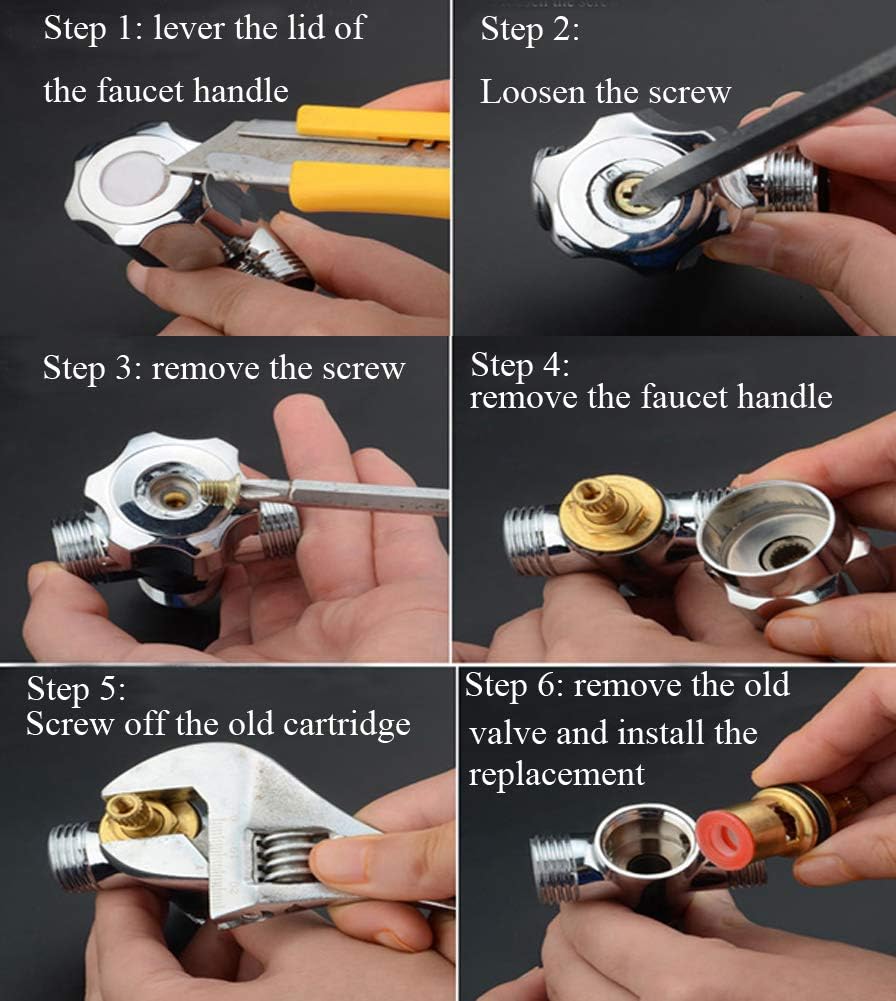 Huashan Replacement Brass Ceramic Disc Stem Cartridge Faucet Valve Quarter Turn 1/2" X 53mm x 12mm spline length 20 teeth(PAIR Hot & Cold)