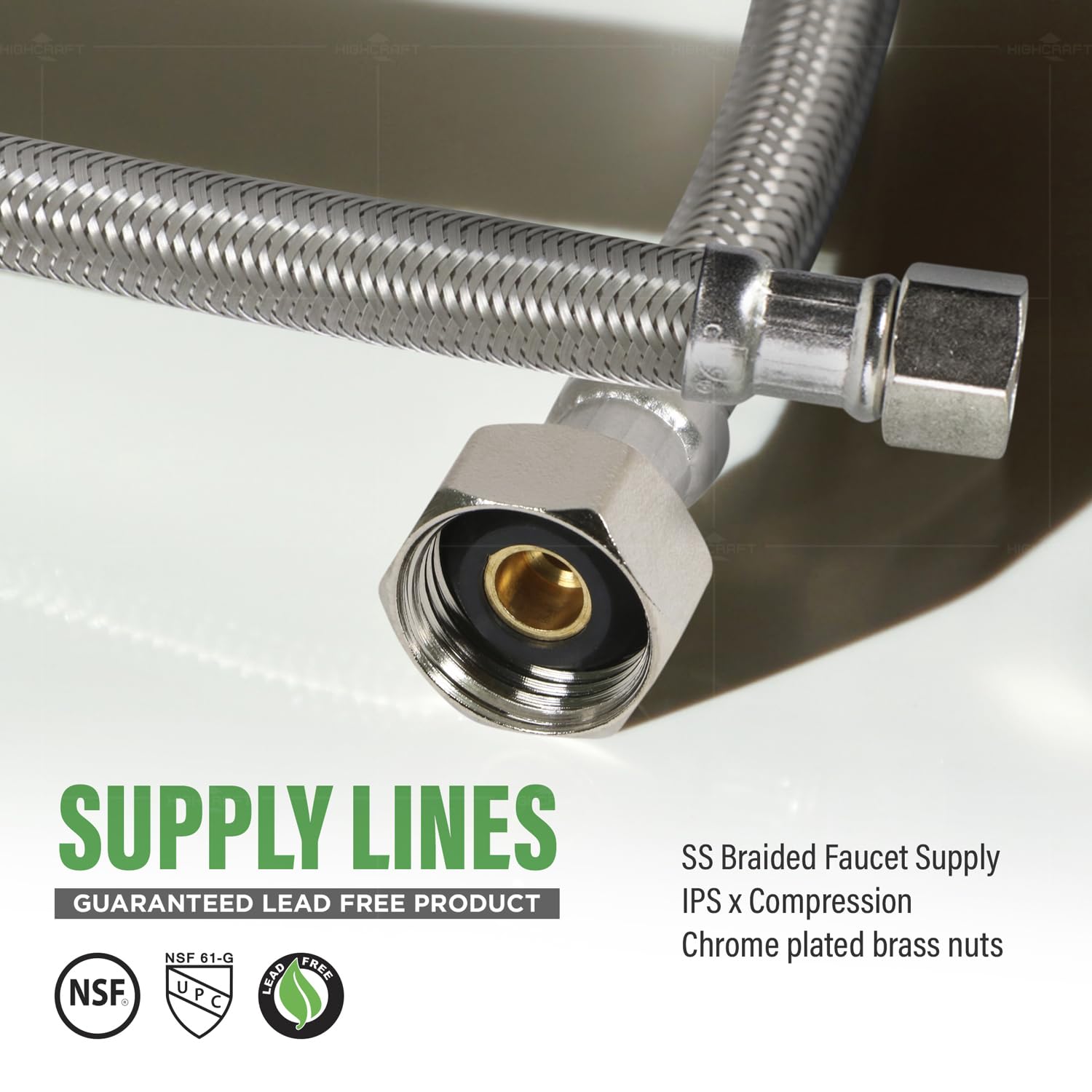 Highcraft CNCT27116-OM-2 Braided Faucet Connector 16" Long, 1/2" IPS Brass Nut X 3/8 Female Fitting, Stainless Steel Lead-Free, 2 Pack