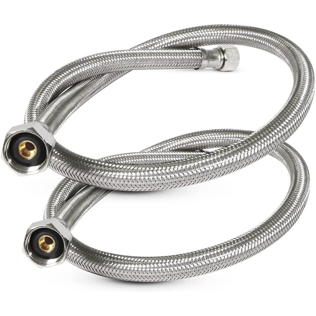 Highcraft CNCT27116-OM-2 Braided Faucet Connector 16" Long, 1/2" IPS Brass Nut X 3/8 Female Fitting, Stainless Steel Lead-Free, 2 Pack