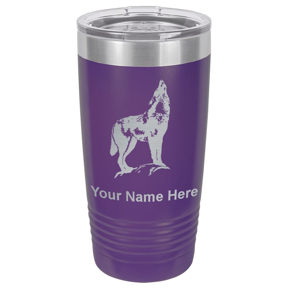 LaserGram 20oz Vacuum Insulated Tumbler Mug, Howling Wolf, Personalized Engraving Included (Dark Purple)