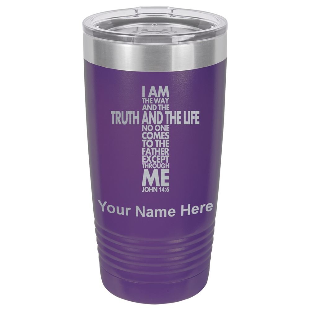 LaserGram 20oz Vacuum Insulated Tumbler Mug, Bible Verse John 14-6, Personalized Engraving Included (Dark Purple)
