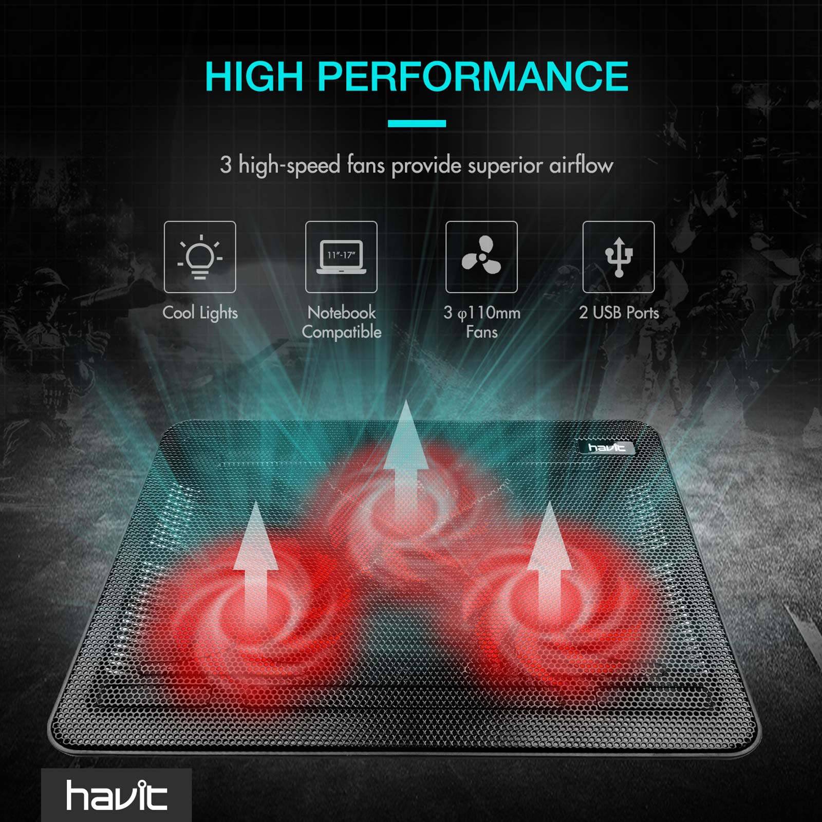 Havit HV-F2056 15.6-17 Inch Laptop Cooler Cooling Pad - Slim Portable USB Powered (3 Fans) (Black+Red)