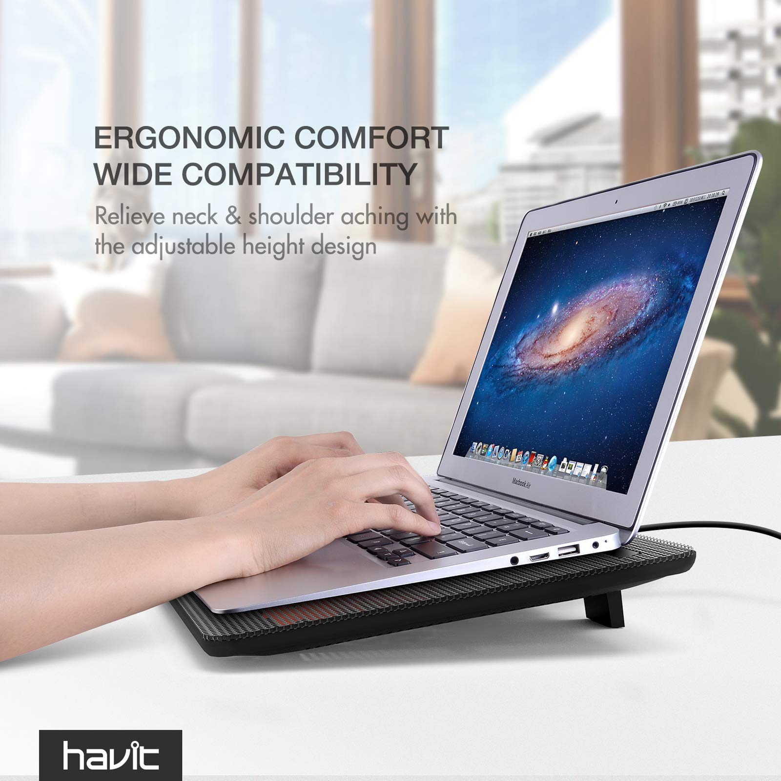 Havit HV-F2056 15.6-17 Inch Laptop Cooler Cooling Pad - Slim Portable USB Powered (3 Fans) (Black+Red)