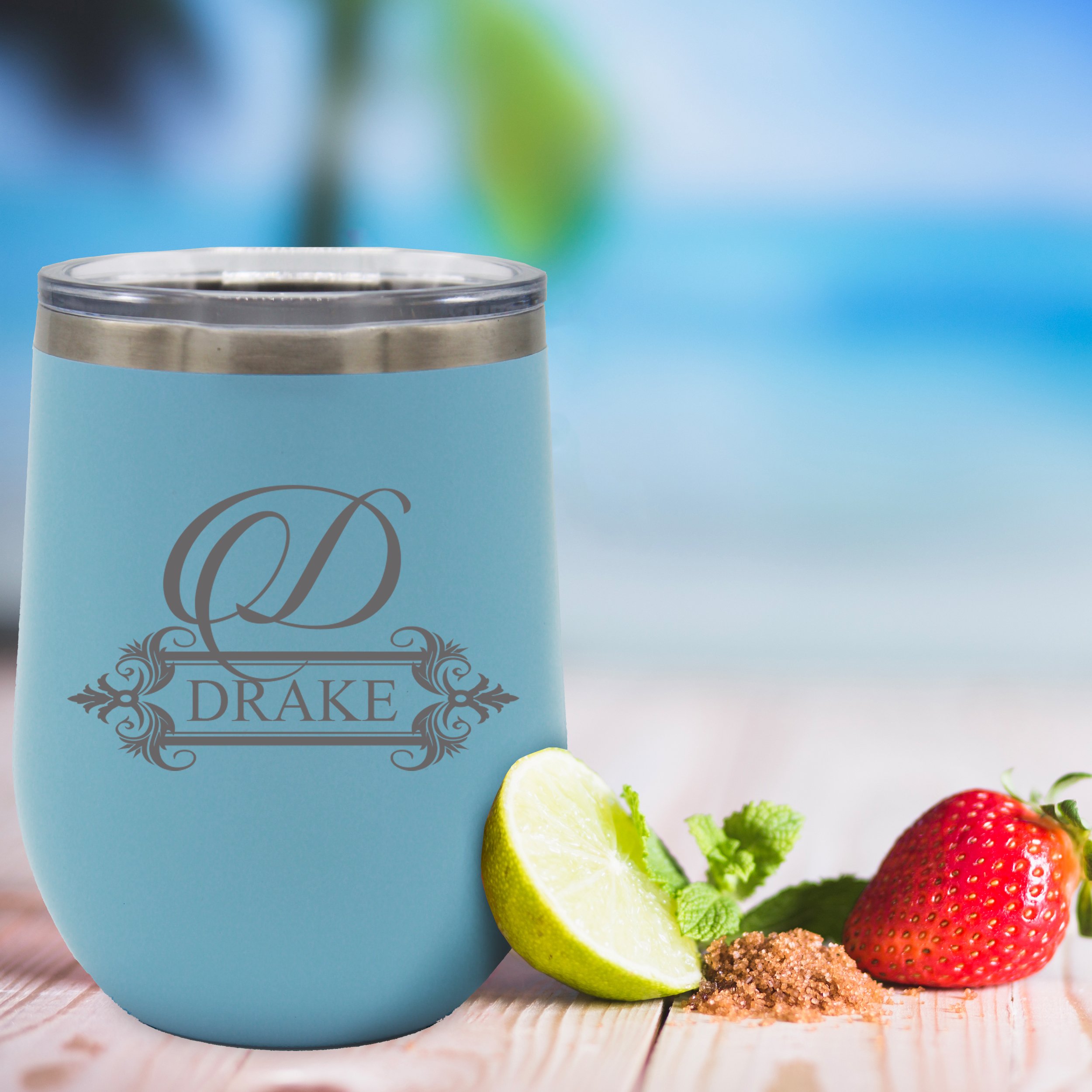 My Personal Memories Custom Engraved Insulated Stemless Wine Tumbler Cup - Customized Bridesmaid Beach Pool Girls Fun - Monogrammed (Carolina Blue)