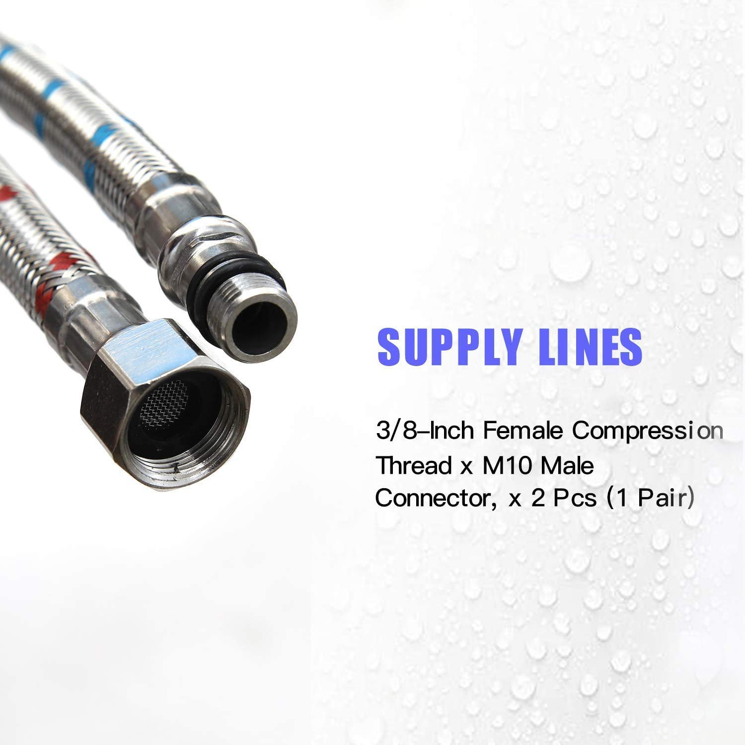 Homevacious 24-Inch Long Bathroom Kitchen Faucet Connector Braided Supply Hose 3/8-Inch Stainless Steel Female Compression Thread x M10 Male Connector, x 2 Pcs(1 Pair)