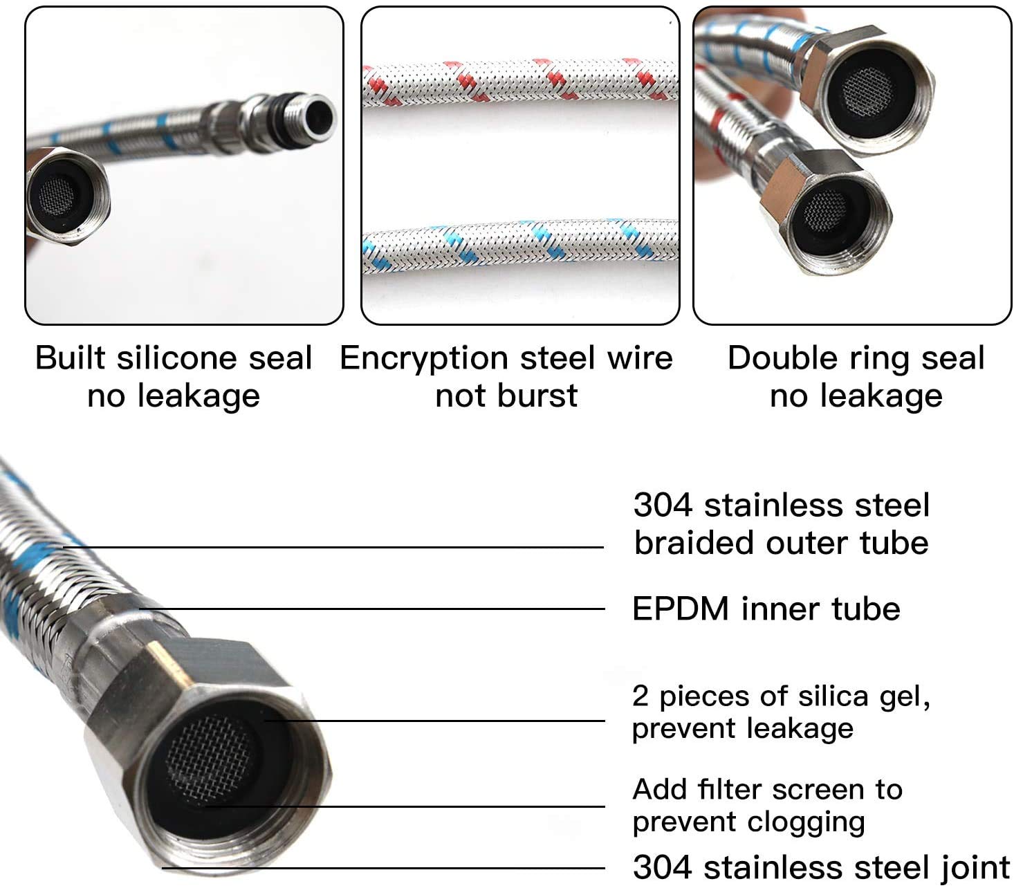 Homevacious 24-Inch Long Bathroom Kitchen Faucet Connector Braided Supply Hose 3/8-Inch Stainless Steel Female Compression Thread x M10 Male Connector, x 2 Pcs(1 Pair)