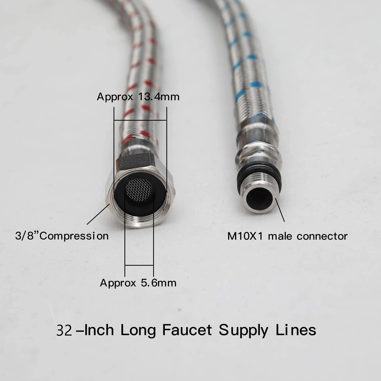BATHLAVISH 32-Inch Long Bathroom Kitchen Faucet Connector Braided Stainless Steel Supply Hose 3/8-Inch Female Compression Thread x M10 Male Connector, x 2 Pcs (1 Pair)