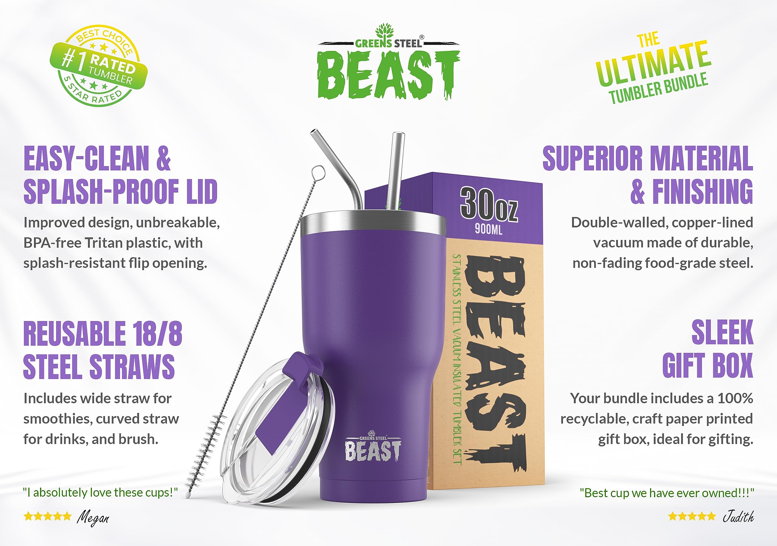 Beast 30 oz Tumbler Stainless Steel Vacuum Insulated Coffee Ice Cup Double Wall Travel Flask (Purple)