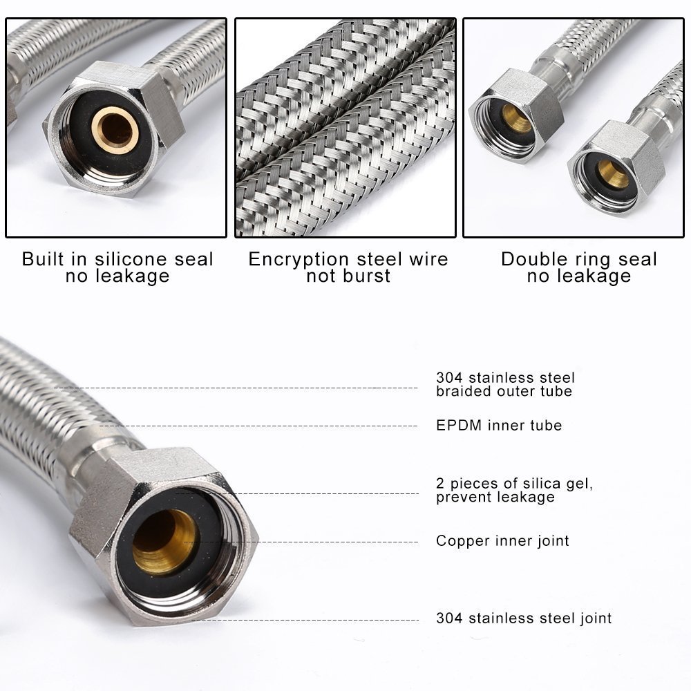 Vataler Faucet Line Connector Braided 304 Stainless Steel Supply Hose 1/2" I.P. Female Thread to 1/2" I.P. Female Straight Thread Faucet Hose Replacement (One Pair)