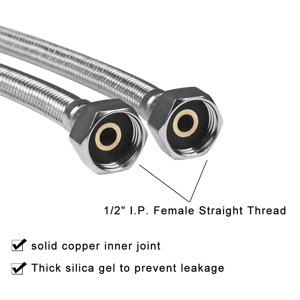 Vataler Faucet Line Connector Braided 304 Stainless Steel Supply Hose 1/2" I.P. Female Thread to 1/2" I.P. Female Straight Thread Faucet Hose Replacement (One Pair)