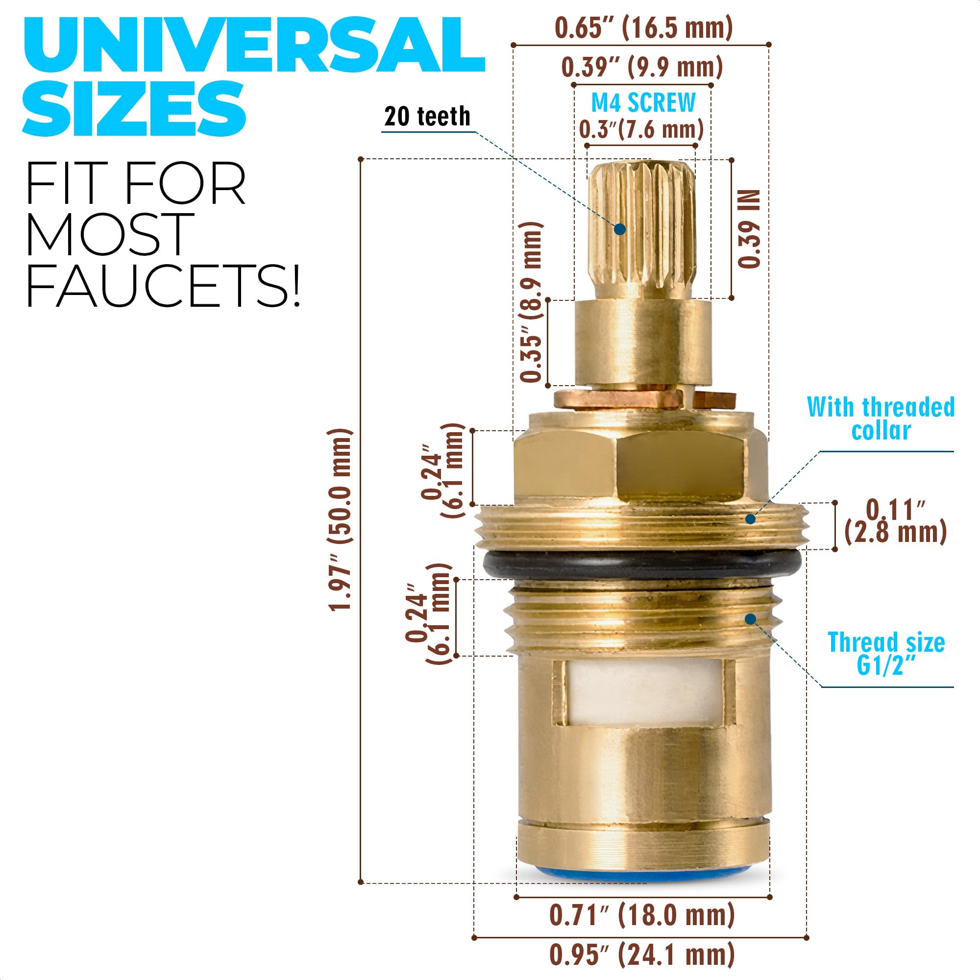 Brass Bathroom Sink Faucet Valve Stem - 2Pcs Hot and Cold Ceramic Disc Stem Quarter Turn 1/2,50mm x 10mm Spline Length 20 Teeth Bathroom Faucet Cartridge Replacement - Bathroom Faucet Stem Replacement