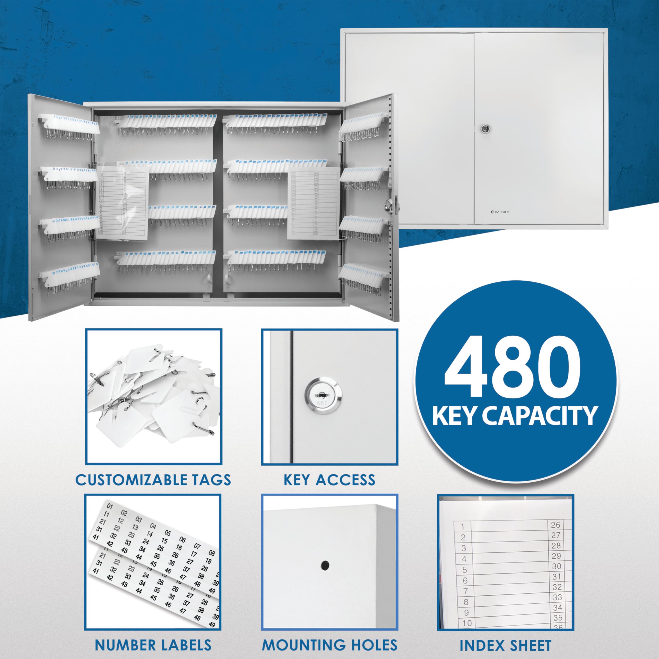 Barska Key Lock Key Cabinet Lock Box with Numbered Hooks and Tags - 480 Position - White Tags