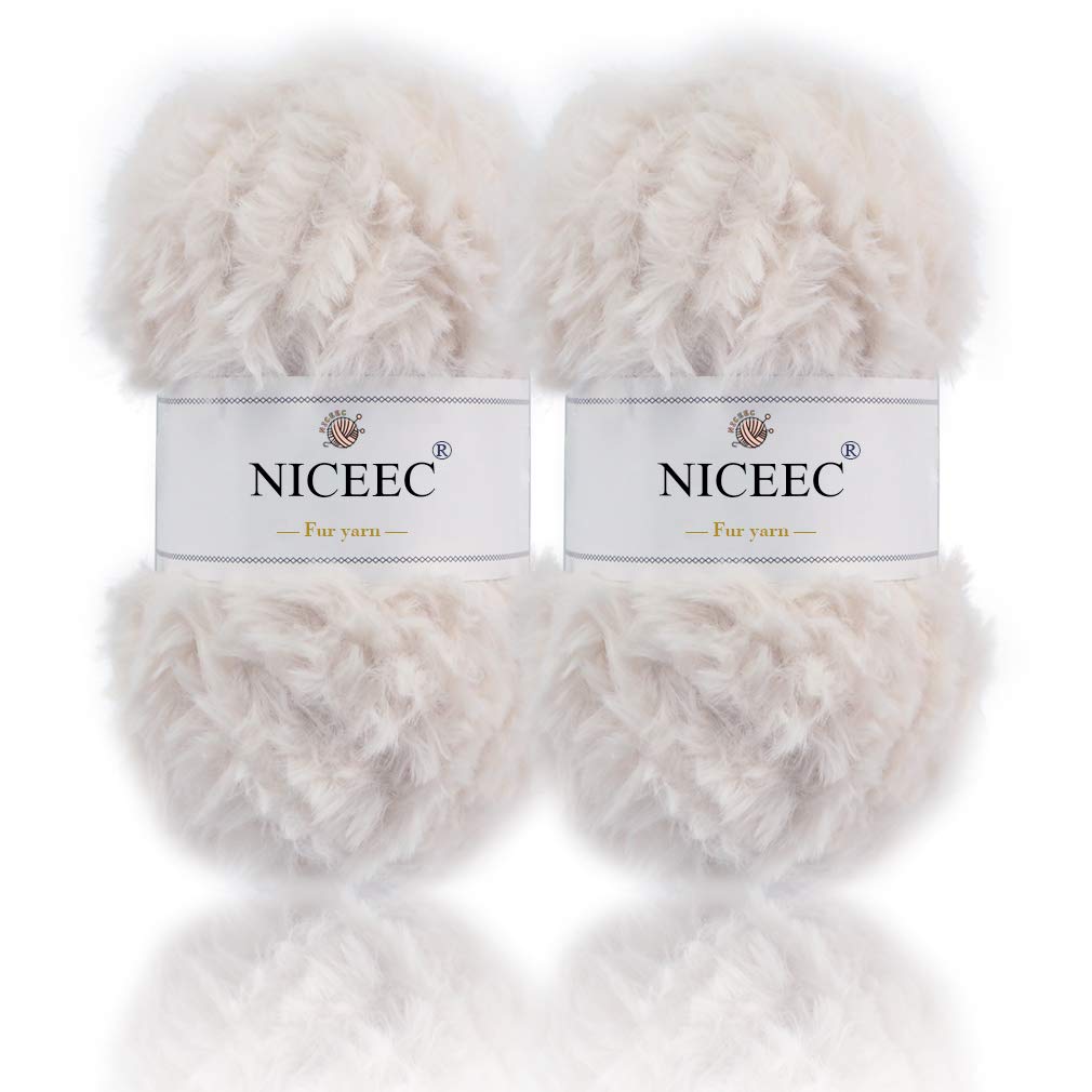 NICEEC 2 Skeins Faux Fur Yarn Super Soft, Chunky & Fluffy, Eyelash Yarn for Crochet & Knitting (Total Length 70yds,3.53oz) - White