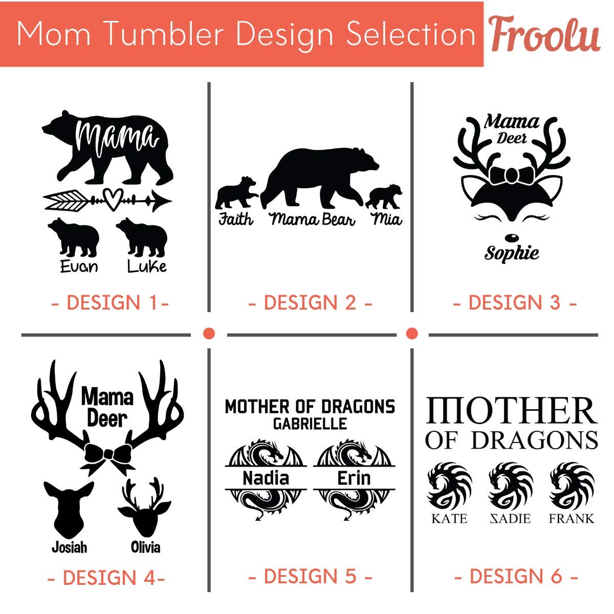 Froolu Personalized Tumblers Customized with Names - Travel Mug Gifts for Mom - Cute Mama Bear, Deer, Dragon Designs - Custom Coffee Cups Mother's Day, Christmas, Birthday Gift for Momma - Engraved