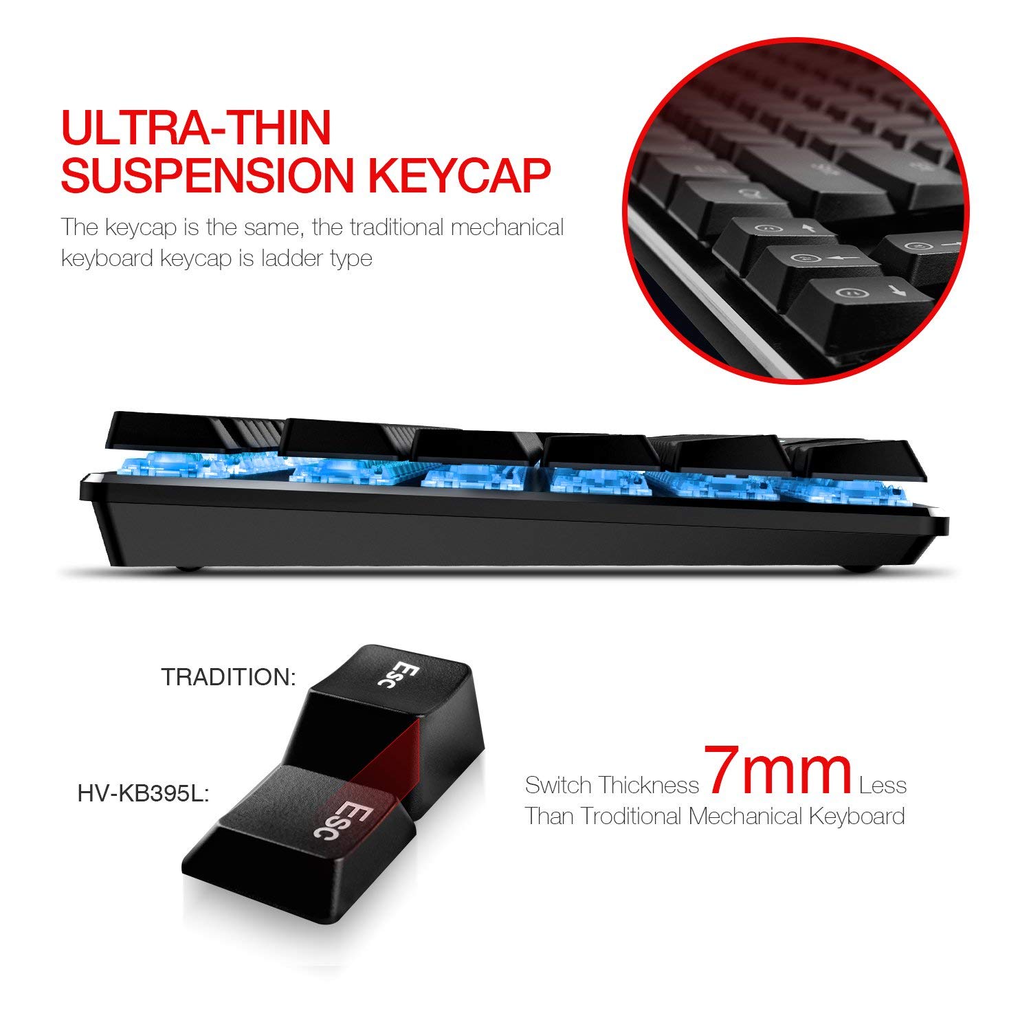 havit Mechanical Keyboard RGB Backlit Wired Gaming Keyboard Extra-Thin & Light, Kailh Latest Low Profile Blue Switches, 104 Keys N-Key Rollover HV-KB395L (Black)