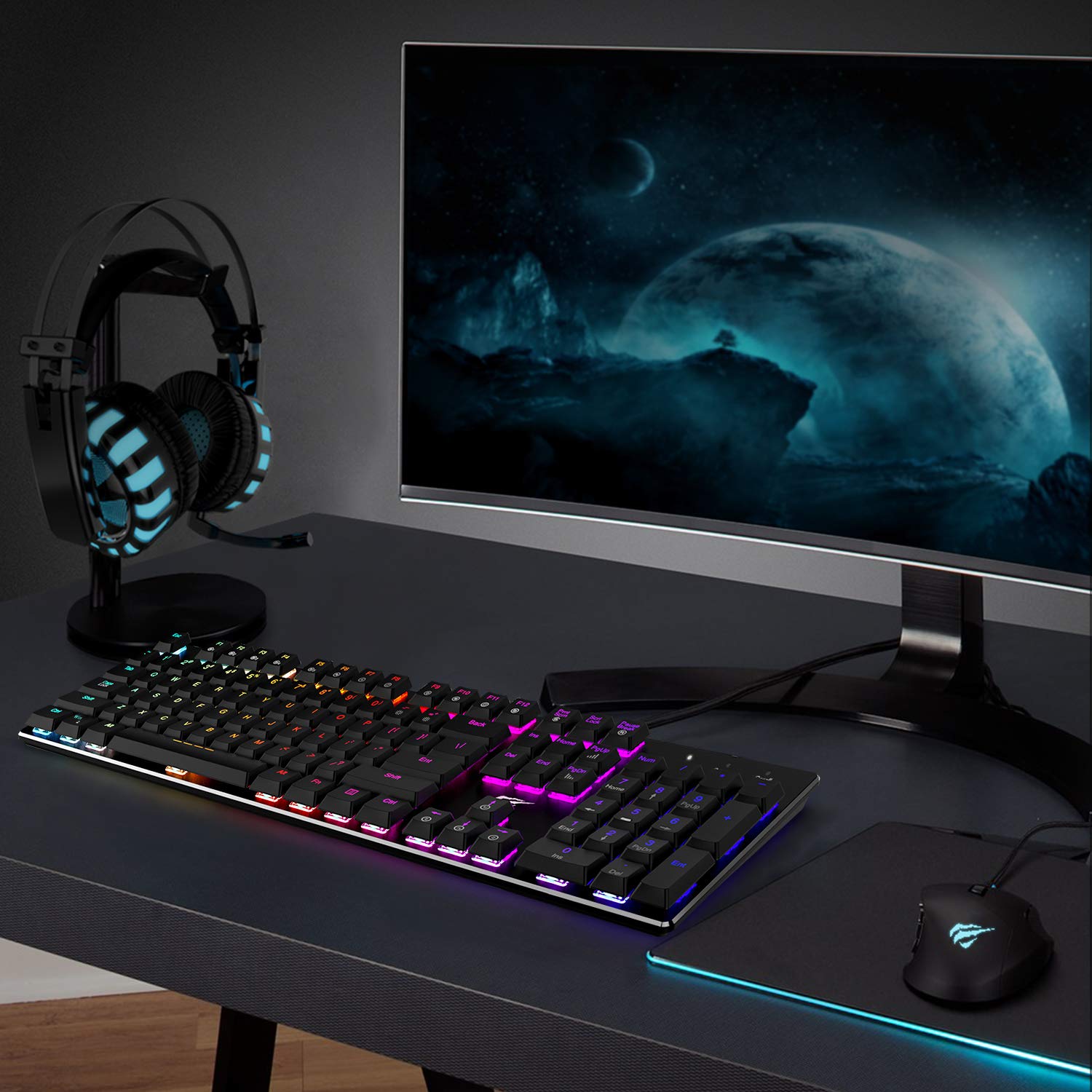 havit Mechanical Keyboard RGB Backlit Wired Gaming Keyboard Extra-Thin & Light, Kailh Latest Low Profile Blue Switches, 104 Keys N-Key Rollover HV-KB395L (Black)