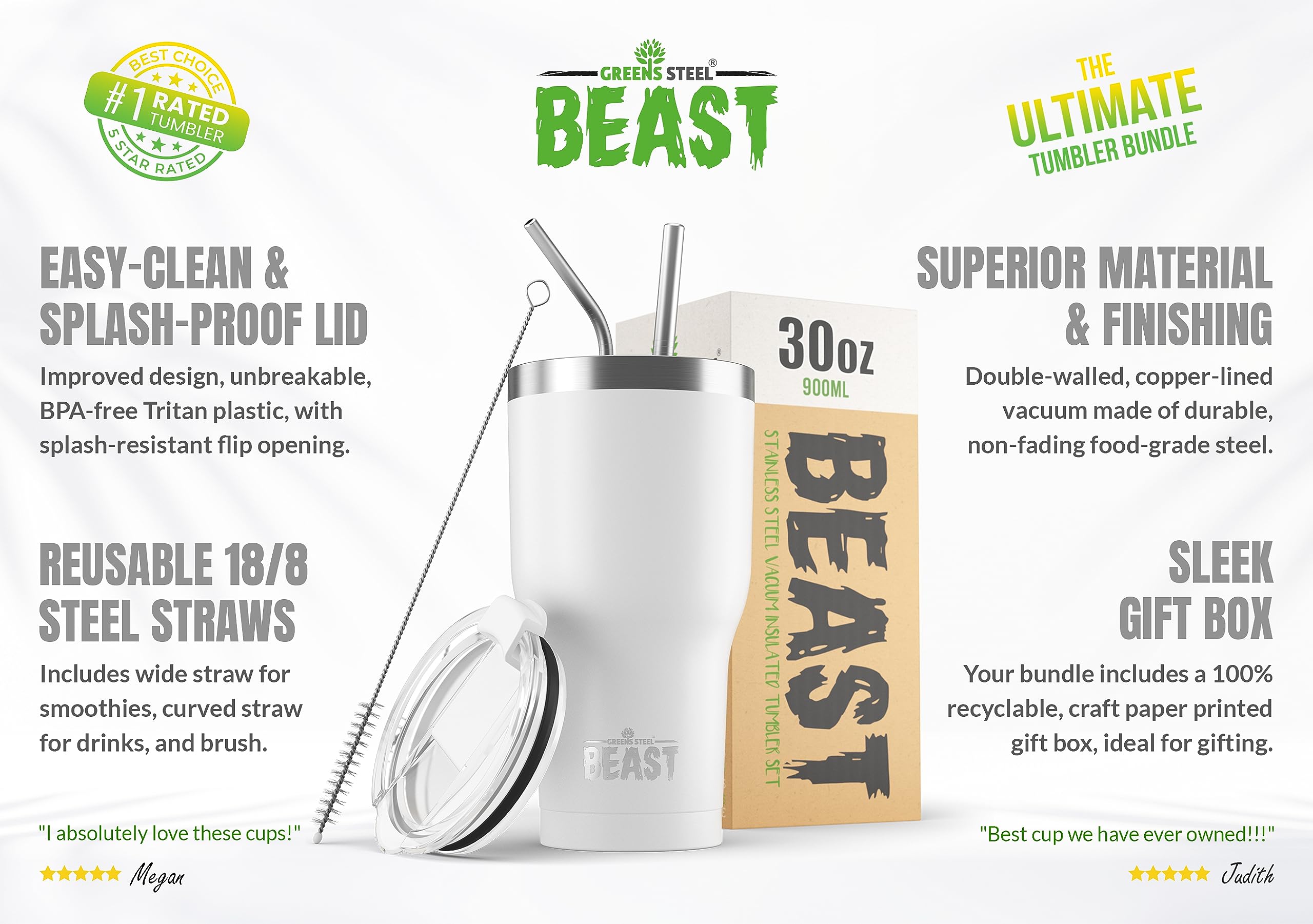 Beast 30 oz Tumbler Stainless Steel Vacuum Insulated Coffee Ice Cup Double Wall Travel Flask (Arctic White)