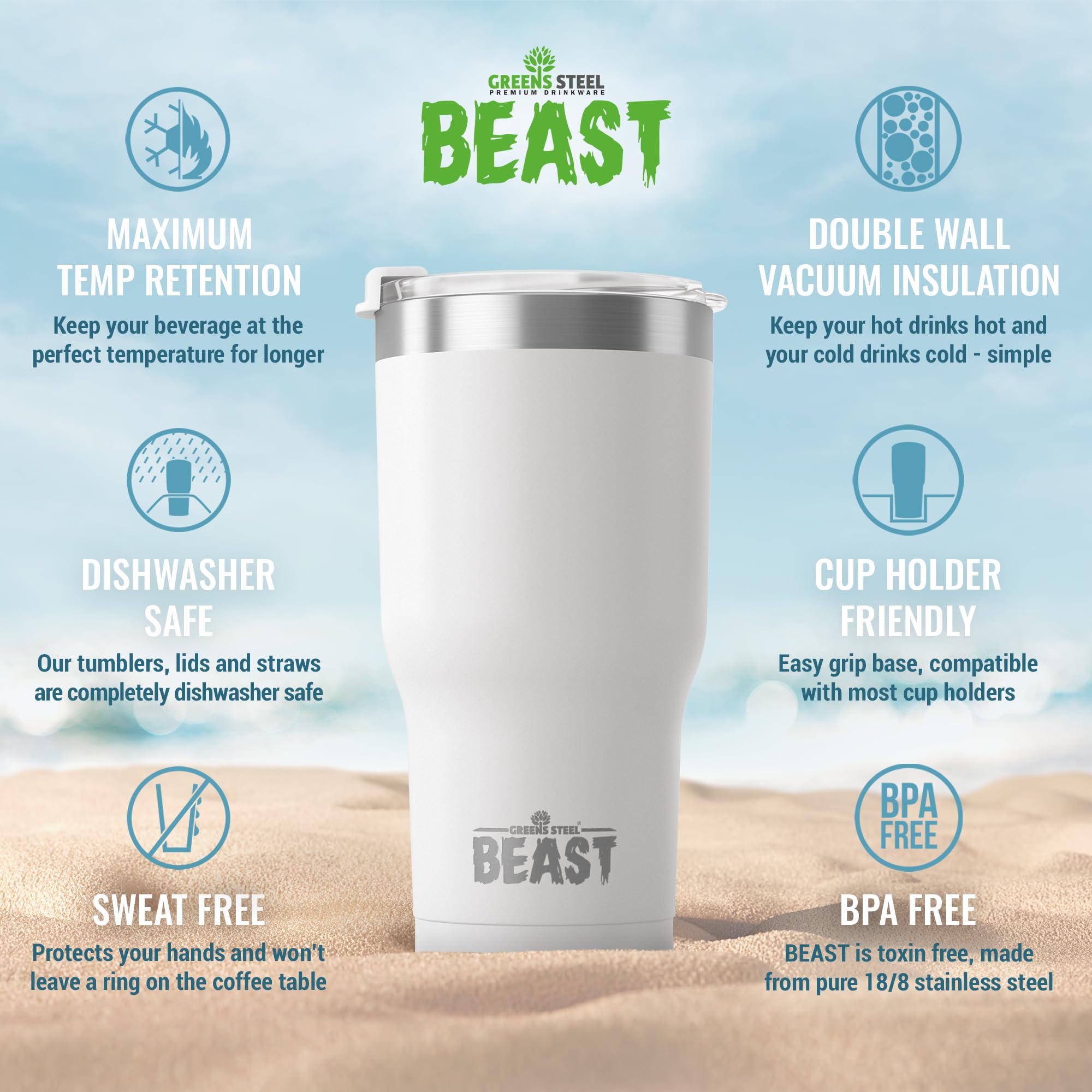 Beast 30 oz Tumbler Stainless Steel Vacuum Insulated Coffee Ice Cup Double Wall Travel Flask (Arctic White)