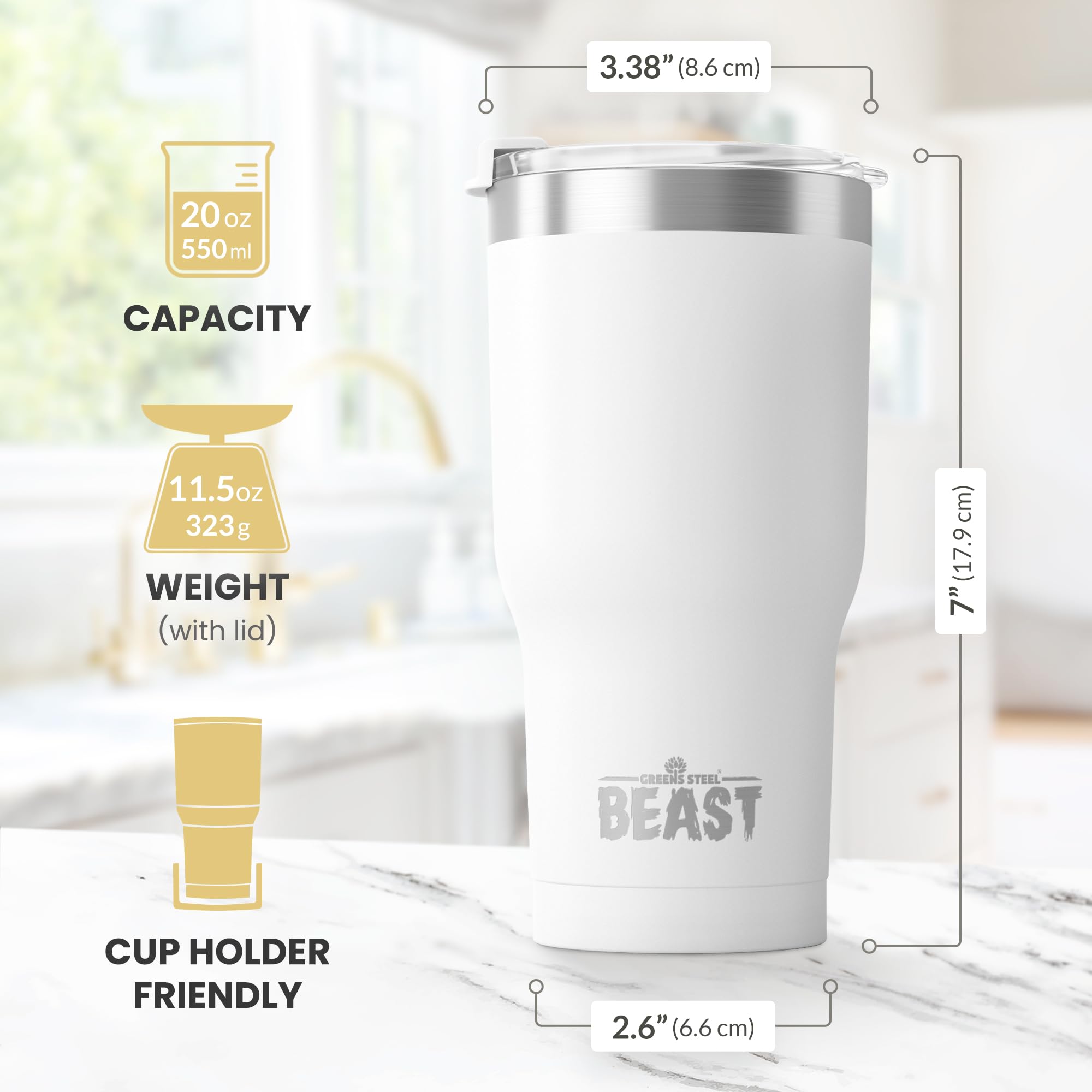 Beast 30 oz Tumbler Stainless Steel Vacuum Insulated Coffee Ice Cup Double Wall Travel Flask (Arctic White)