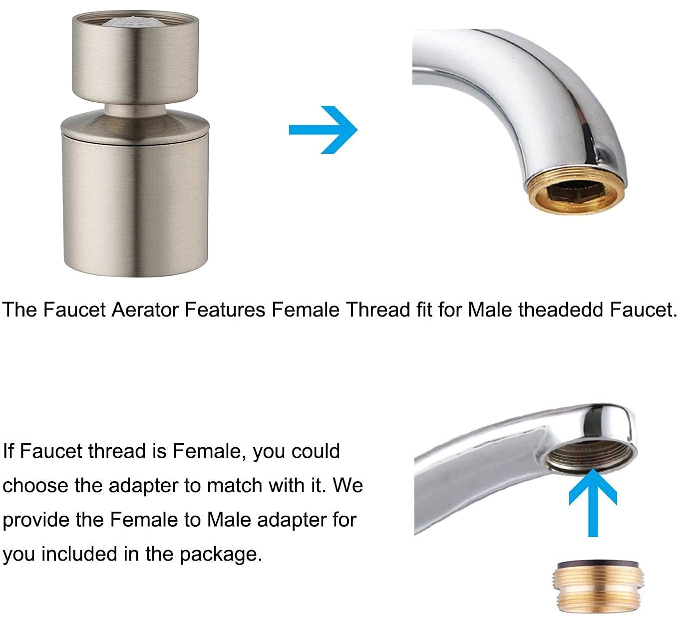 Dual-function 2-Flow Faucet Aerator, Water Saving Swivel Aerator with 2 Sprayer - Faucet Parts Replacement - 55/64 Inch-27UNS Female Thread - Brushed Nickel