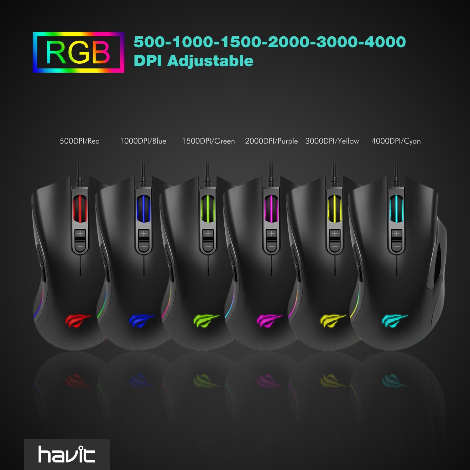 HAVIT Programmable Gaming Mouse 4000DPI 7 Buttons RGB Backlit Wired Optical for Laptop, PC & Computer, MS794 (Black)