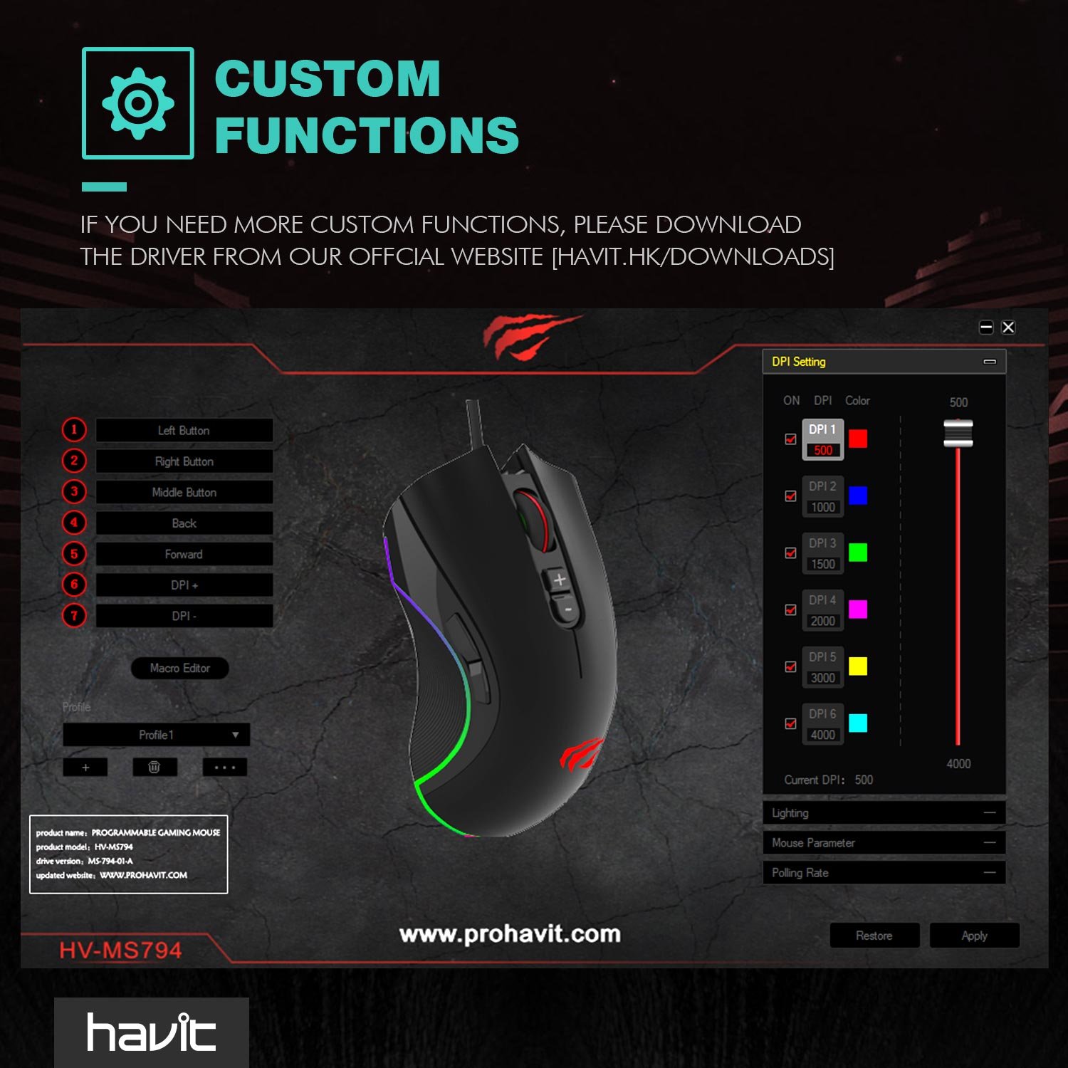 HAVIT Programmable Gaming Mouse 4000DPI 7 Buttons RGB Backlit Wired Optical for Laptop, PC & Computer, MS794 (Black)