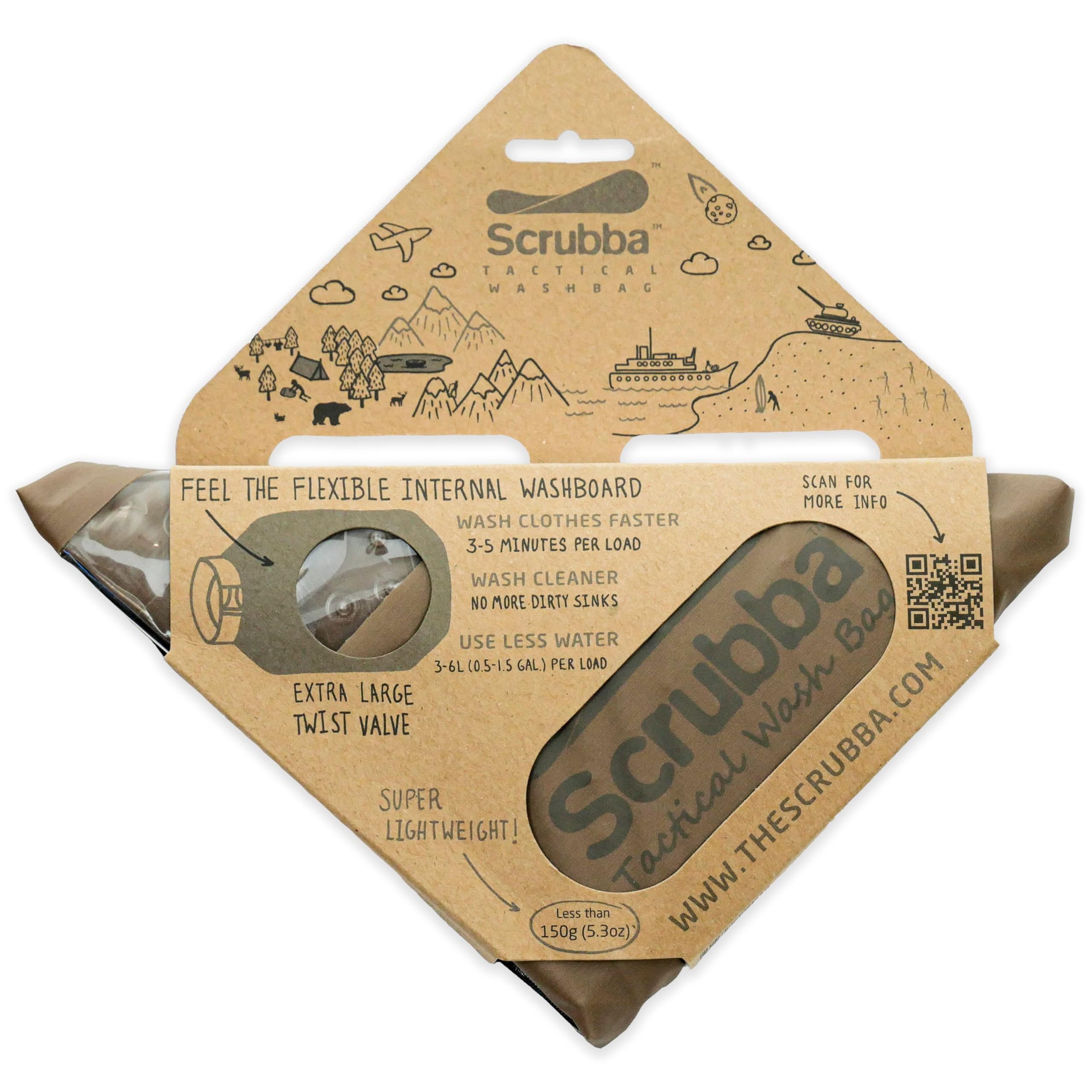 Scrubba Tactical Wash Bag Portable Washing Machine - Lightweight Manual Washing Machine for Travel, Camping, Laundry, Clothes - Camping Accessories, Gift - use with Laundry Detergent/Sheets - 5.6 oz.