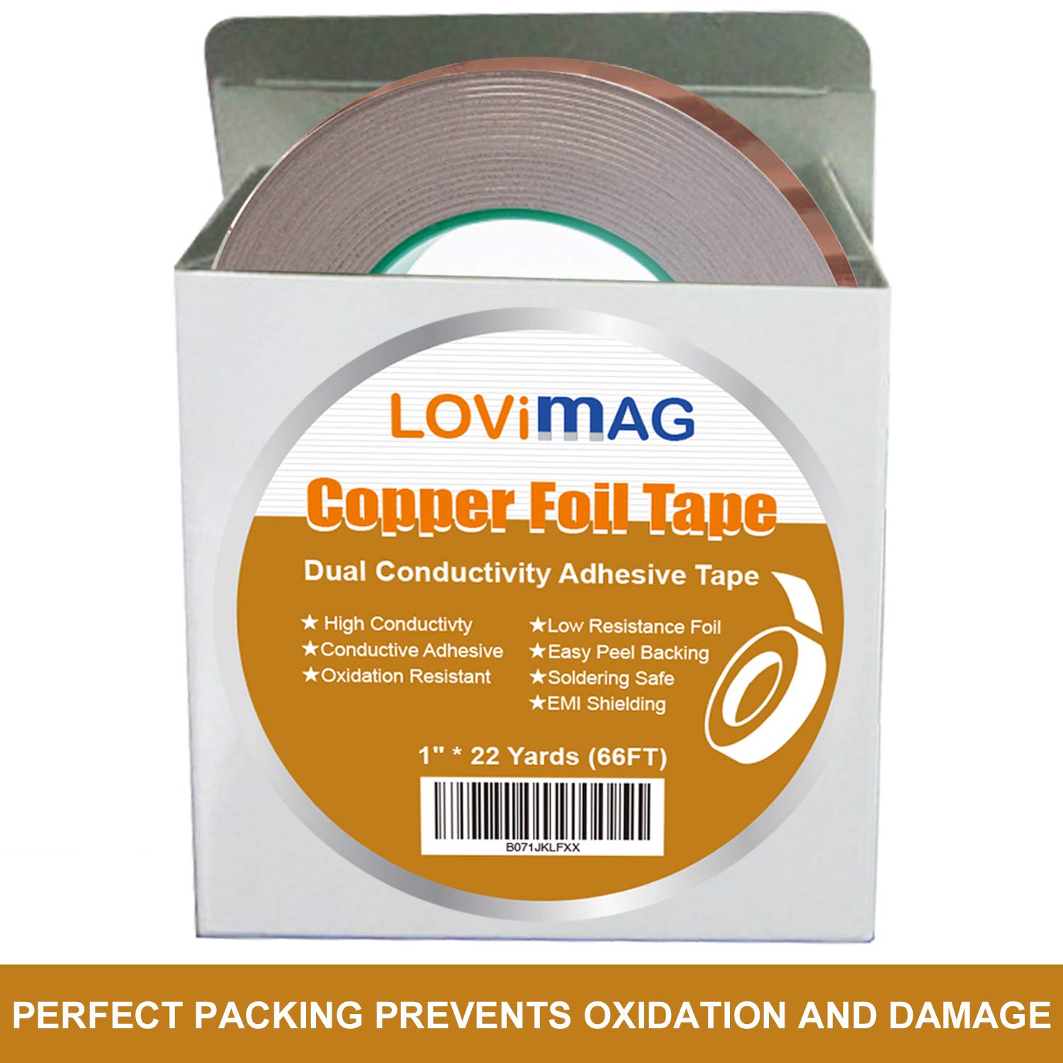 LOVIMAG Copper Foil Tape (1inch X 66 FT) with Conductive Adhesive for Guitar and EMI Shielding, Crafts, Electrical Repairs, Grounding,Masking Tape.