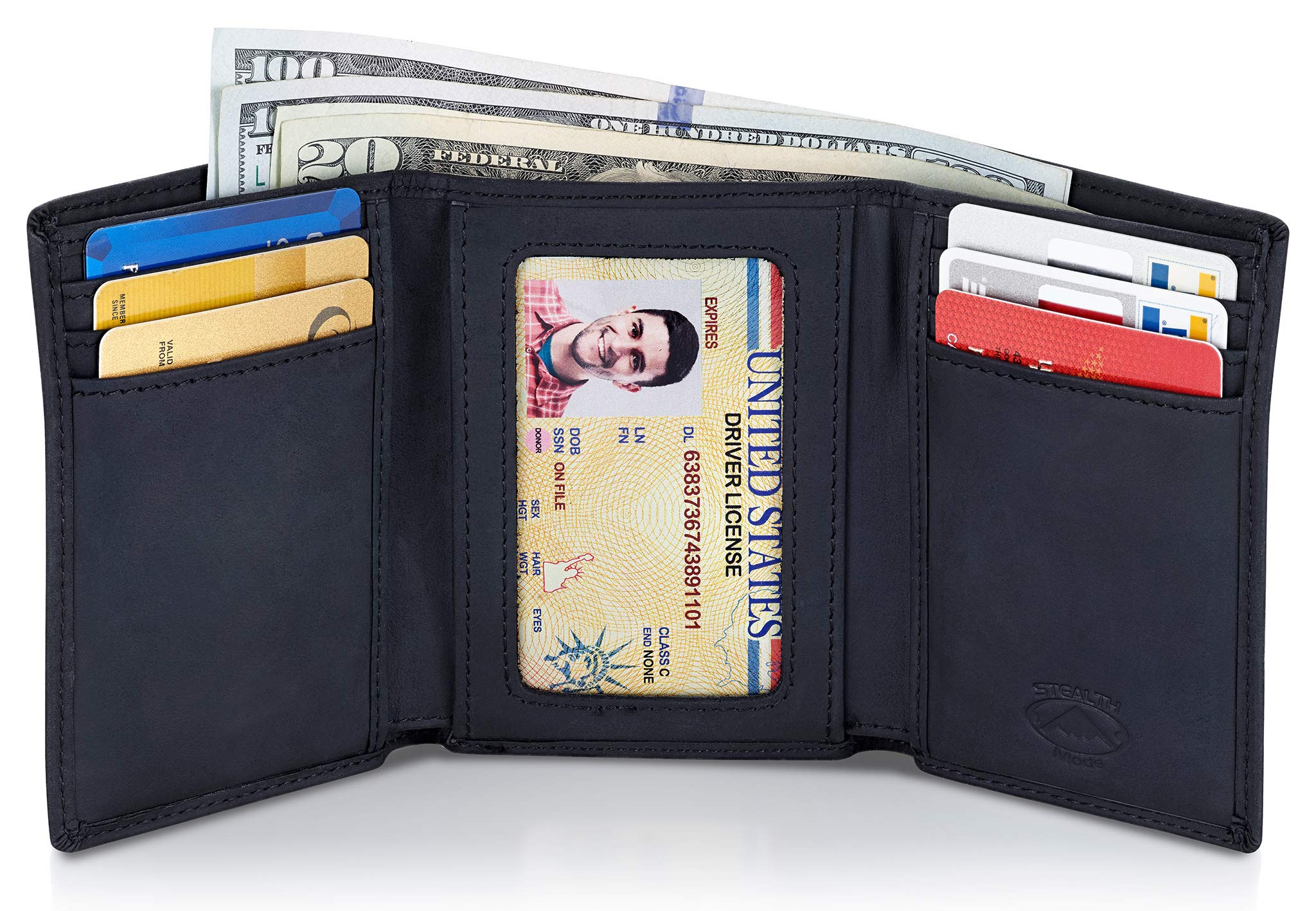 Stealth Mode Trifold RFID Blocking Leather Wallet for Men (Black)