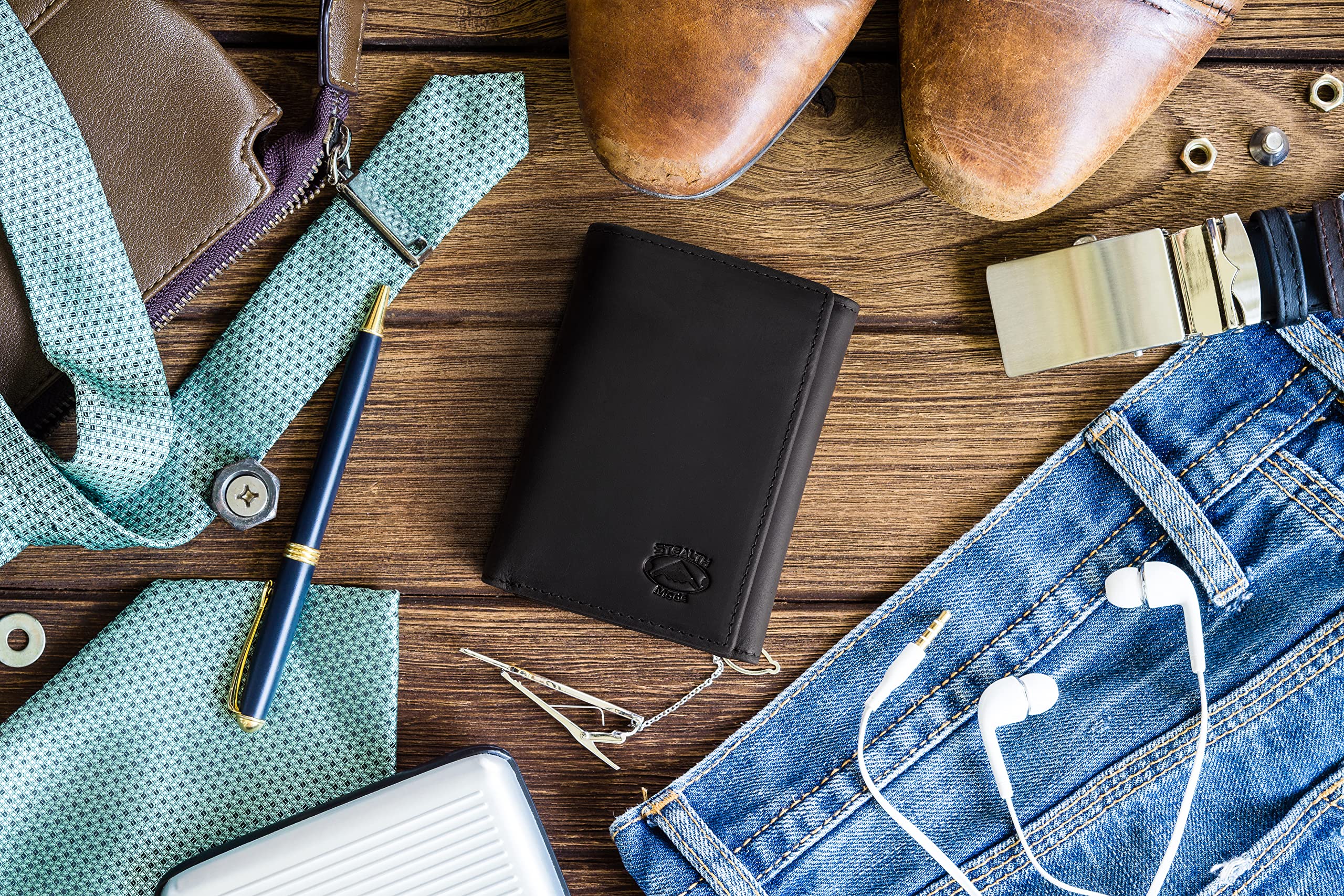 Stealth Mode Trifold RFID Blocking Leather Wallet for Men (Black)