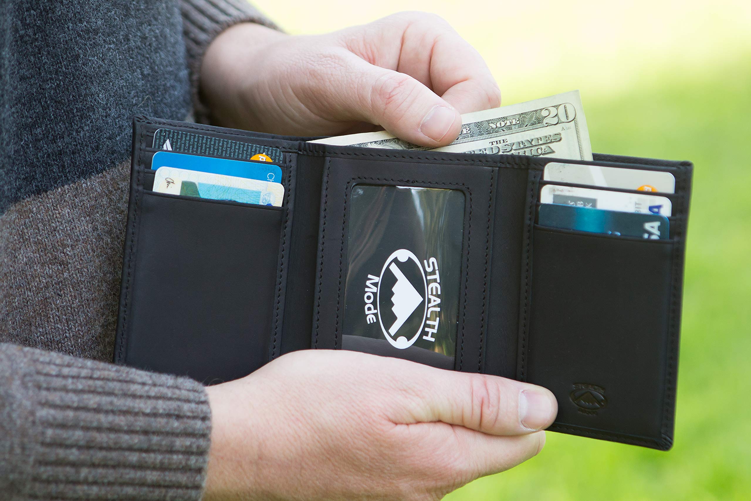 Stealth Mode Trifold RFID Blocking Leather Wallet for Men (Black)