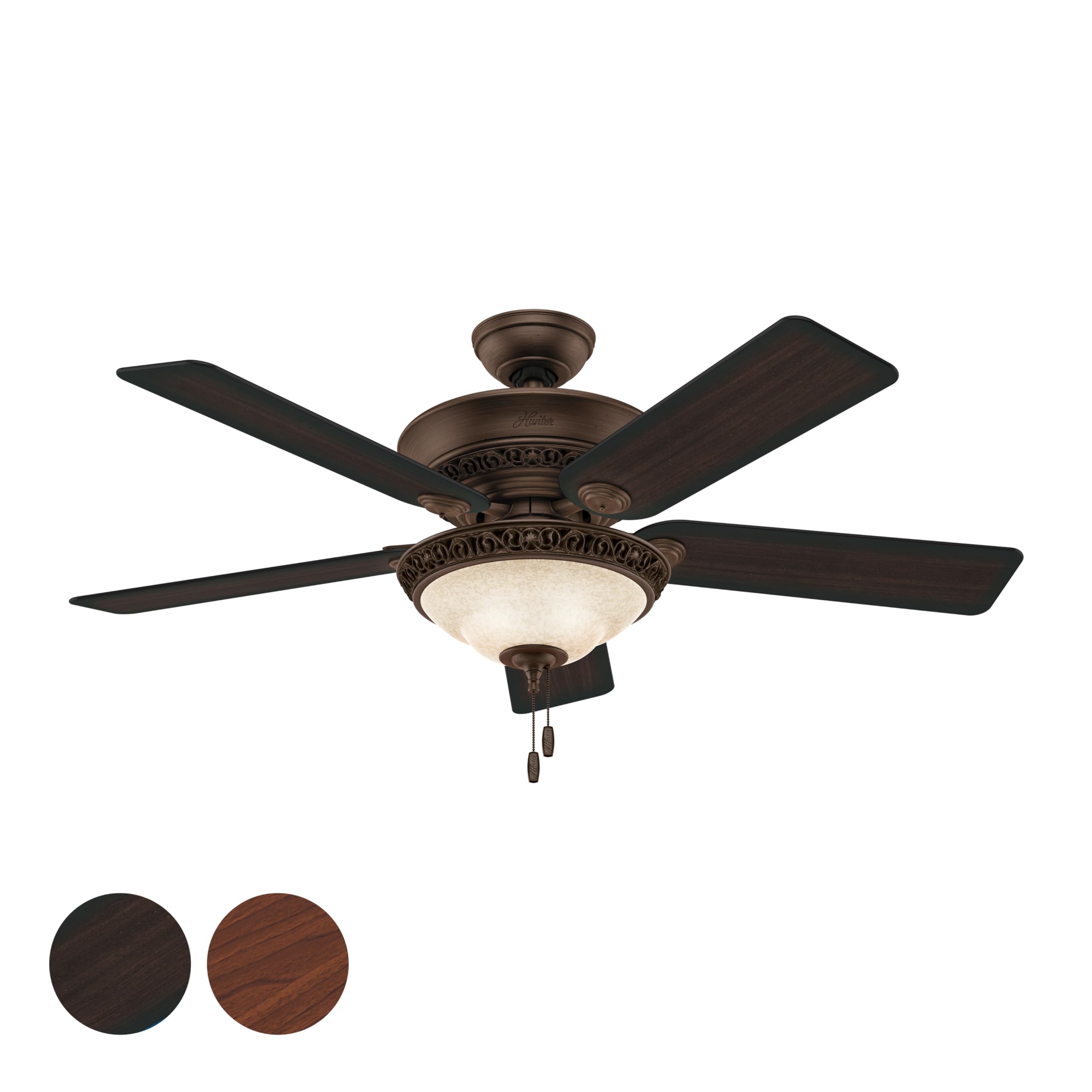 Hunter Fan 52in Traditional Cocoa Ceiling Fan with an Amber Scavo Glass Light Kit, 5 Blade (Renewed)