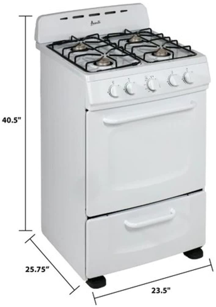 Avanti GRO24P0W Gas Range Oven Compact Freestanding Design, 2.6-Cu.Ft. Capacity 4 Sealed Burners with Electronic Ignition, Includes Broiler Storage Drawer and Accessories, 24-Inch, White
