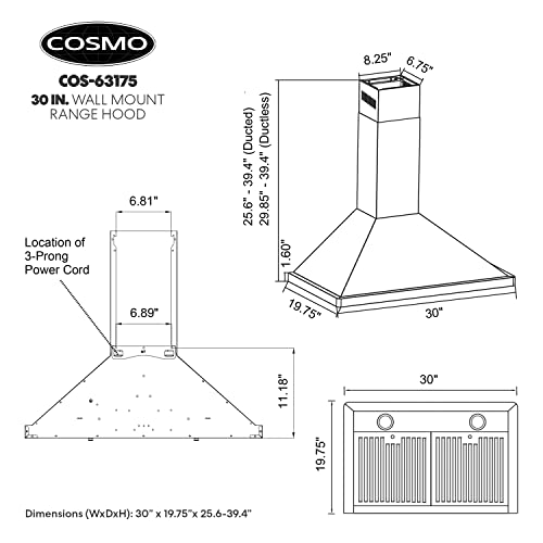 COSMO COS-63175 30 in. Vista Collection 380 CFM Ducted Wall Mount Range Hood, Button Controls, LED Lights, Stainless Steel