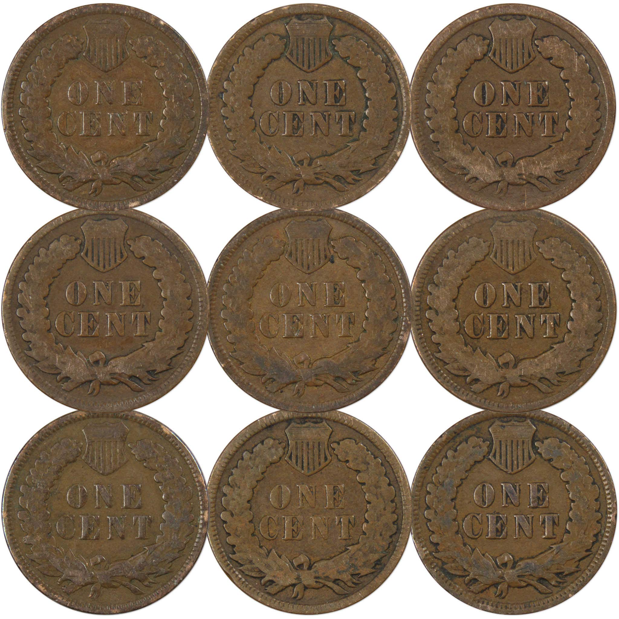 1900-1908 1c Indian Head Cent Penny 9 Coin Collectible Gift Set AG About Good