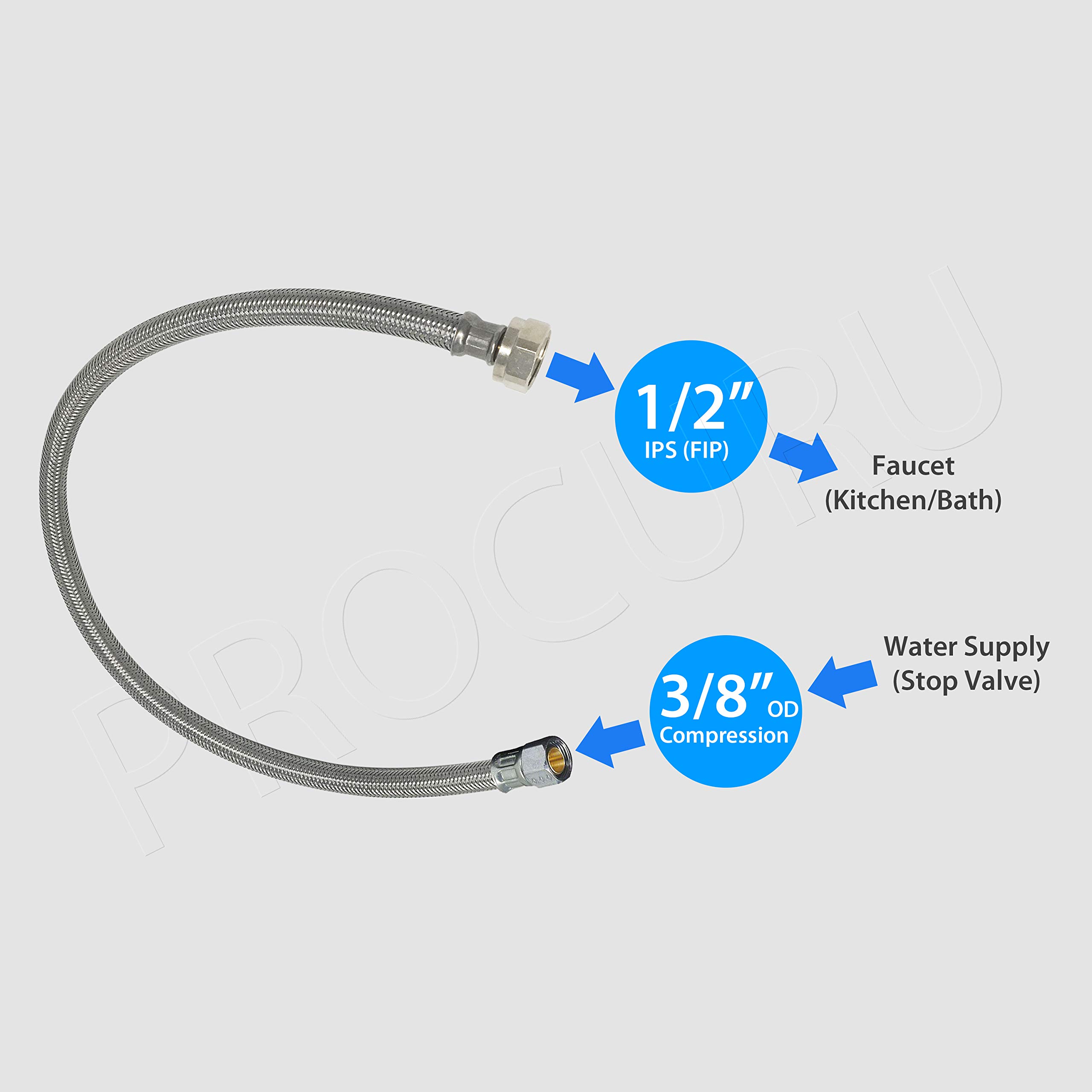 [2-Pack] PROCURU 16-Inch (1.3Ft) x 3/8" Comp x 1/2" FIP Faucet Hose Connector, Stainless Steel Braided Supply Line, Certified Safe (9SF16-2P)