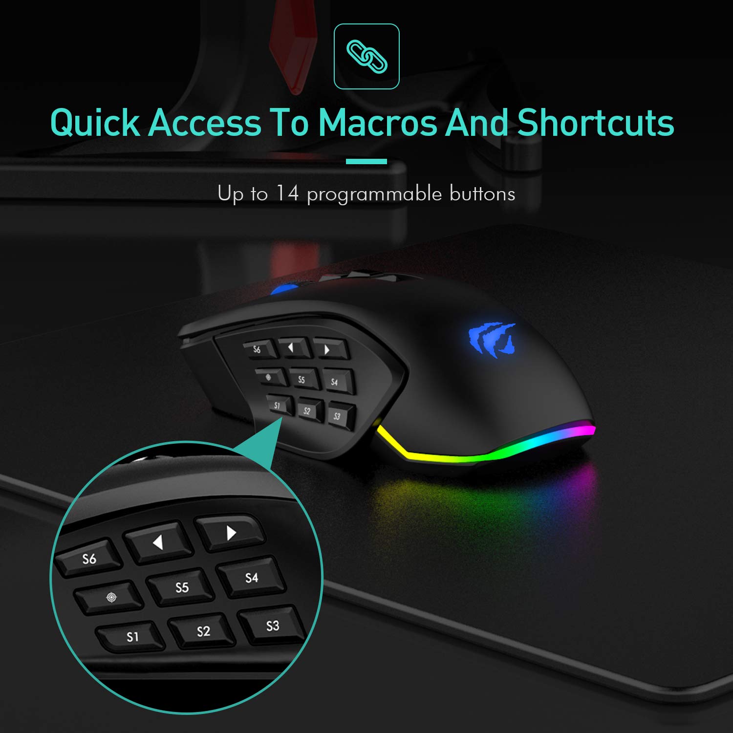 Havit Gaming Mouse Computer Ergonomic Wired Mice with 14 Programmable Buttons Interchangeable Side Plates (8 Buttons/ 8+6 Side Buttons), 2 Replaceable Right Plates for Laptop PC Gamer