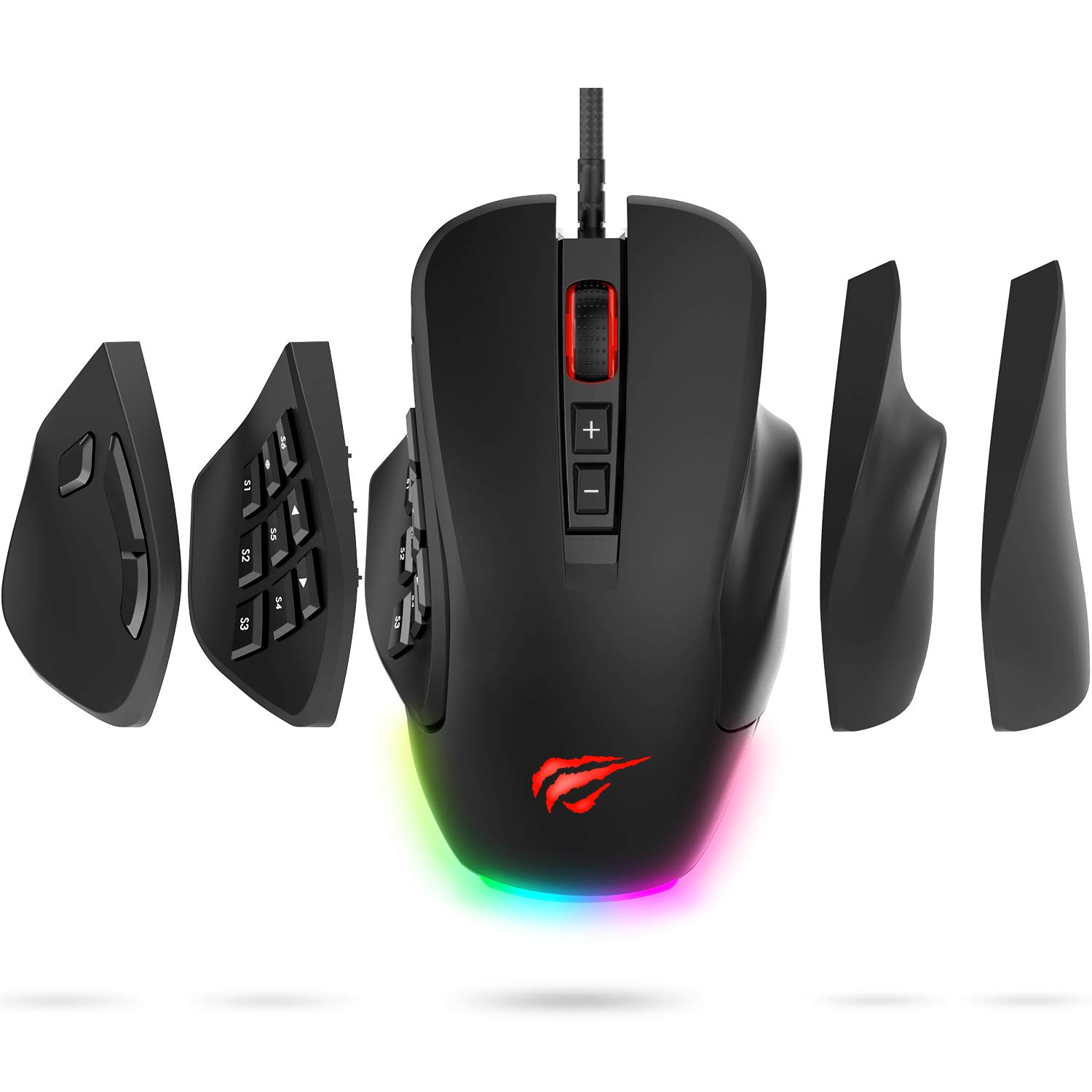 Havit Gaming Mouse Computer Ergonomic Wired Mice with 14 Programmable Buttons Interchangeable Side Plates (8 Buttons/ 8+6 Side Buttons), 2 Replaceable Right Plates for Laptop PC Gamer