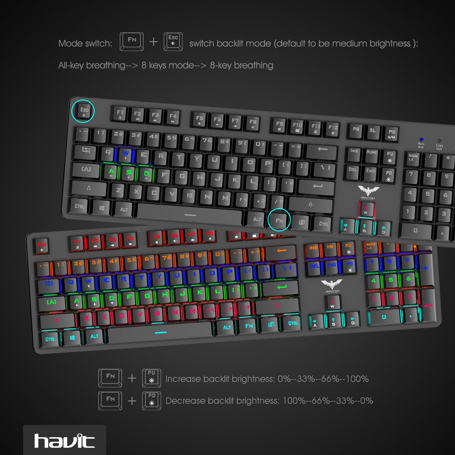 HAVIT LED Backlit Wired Mechanical Gaming Keyboard with Blue Switches,Black