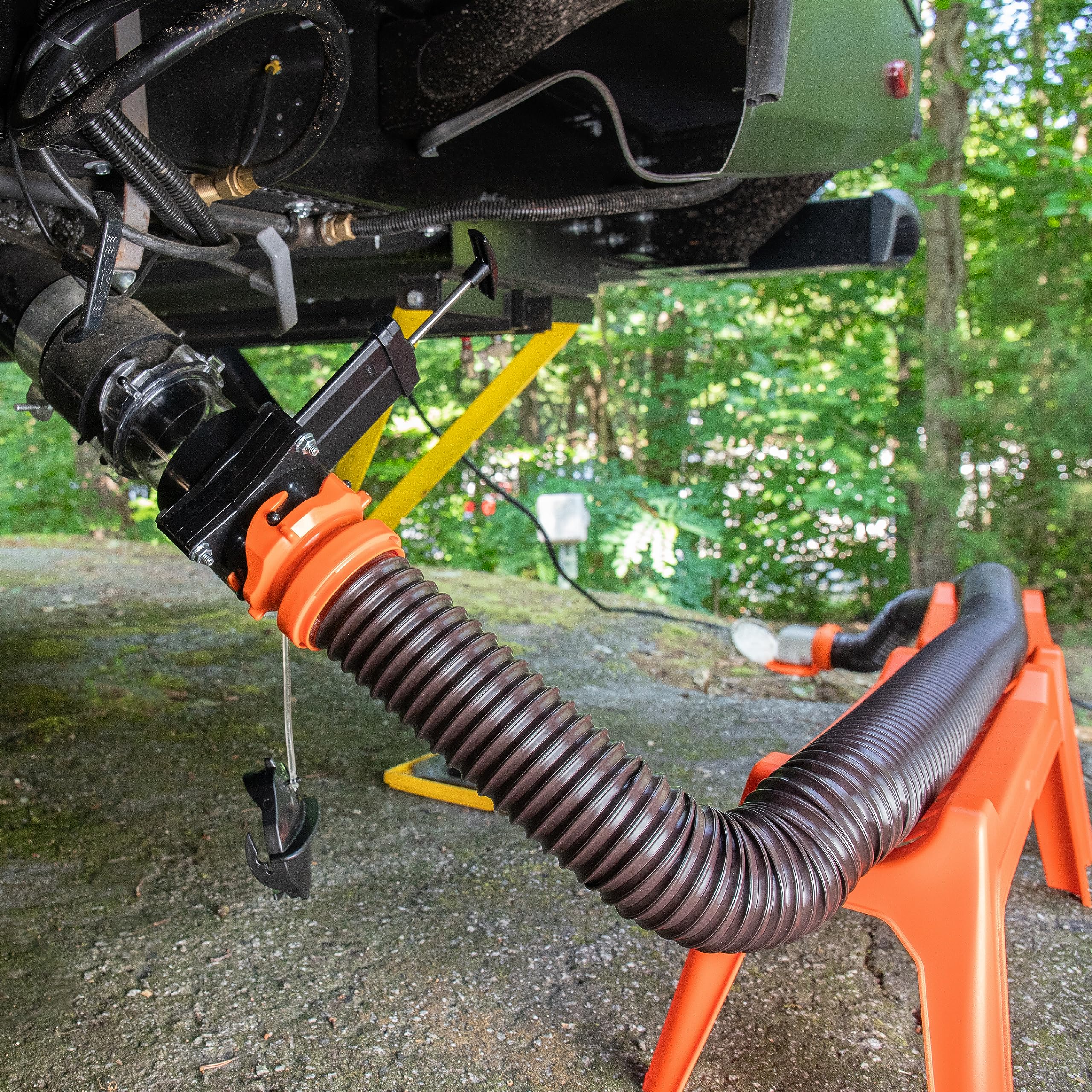 Camco RhinoFLEX 15' RV Sewer Hose Kit — Includes 4-in-1 Adapter, Clear Elbow, & Caps — Connects to 3″ Slip & 3″, 3 1/2″, 4″ NPT Threaded Sewer Connections (39770)