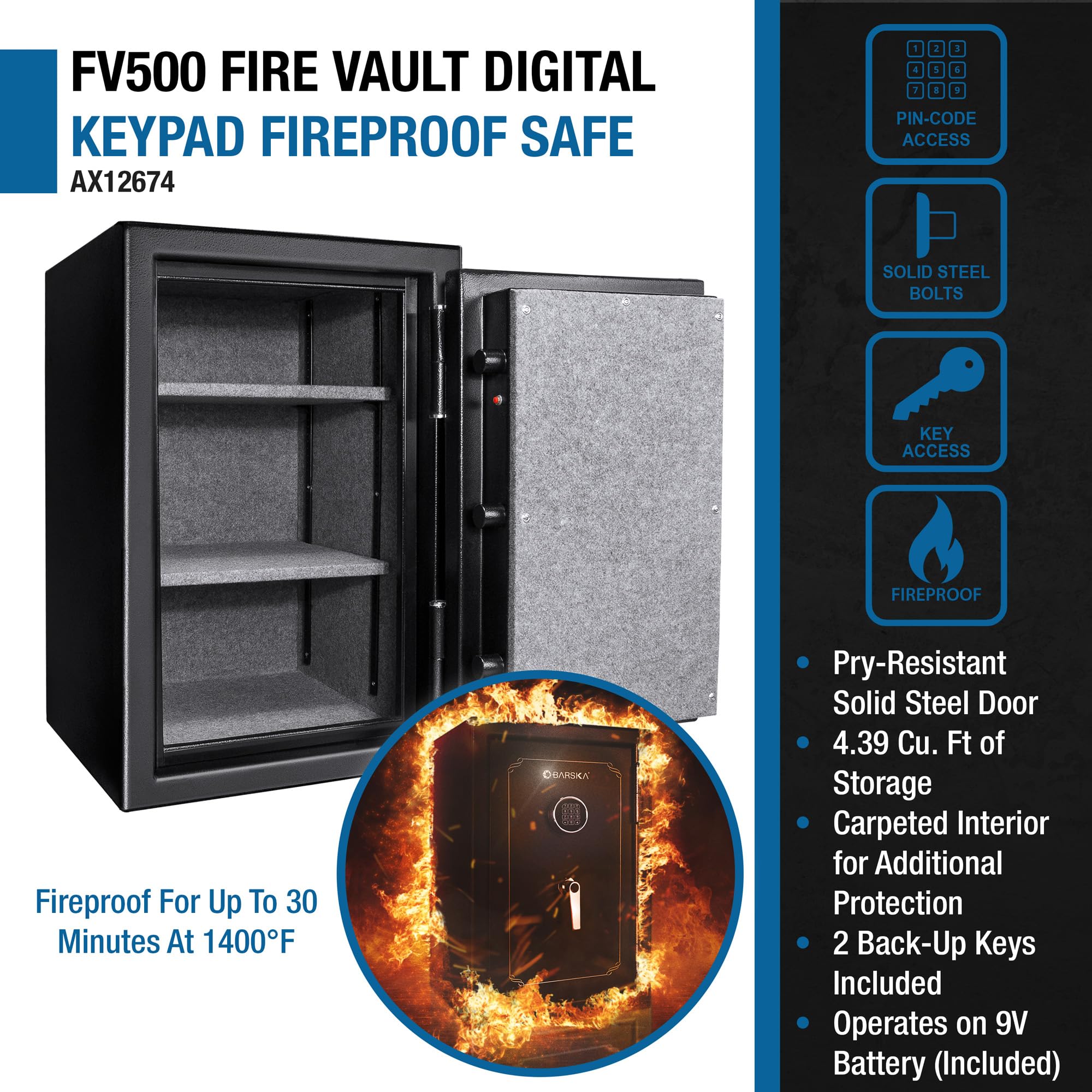 BARSKA AX12674 Fireproof Digital Keypad Vault Safe 4.35 Cu Ft, AX12674 Standard,Black