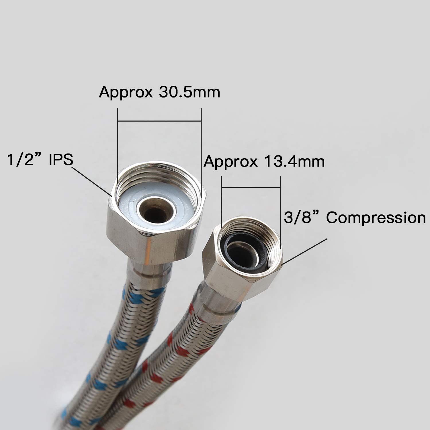BWE 24" Length Faucet Connector, Braided Stainless Steel - 3/8" Female Compression Thread x 1/2" I.P. Female Straight Thread, x 2 Pcs (1 Pair)