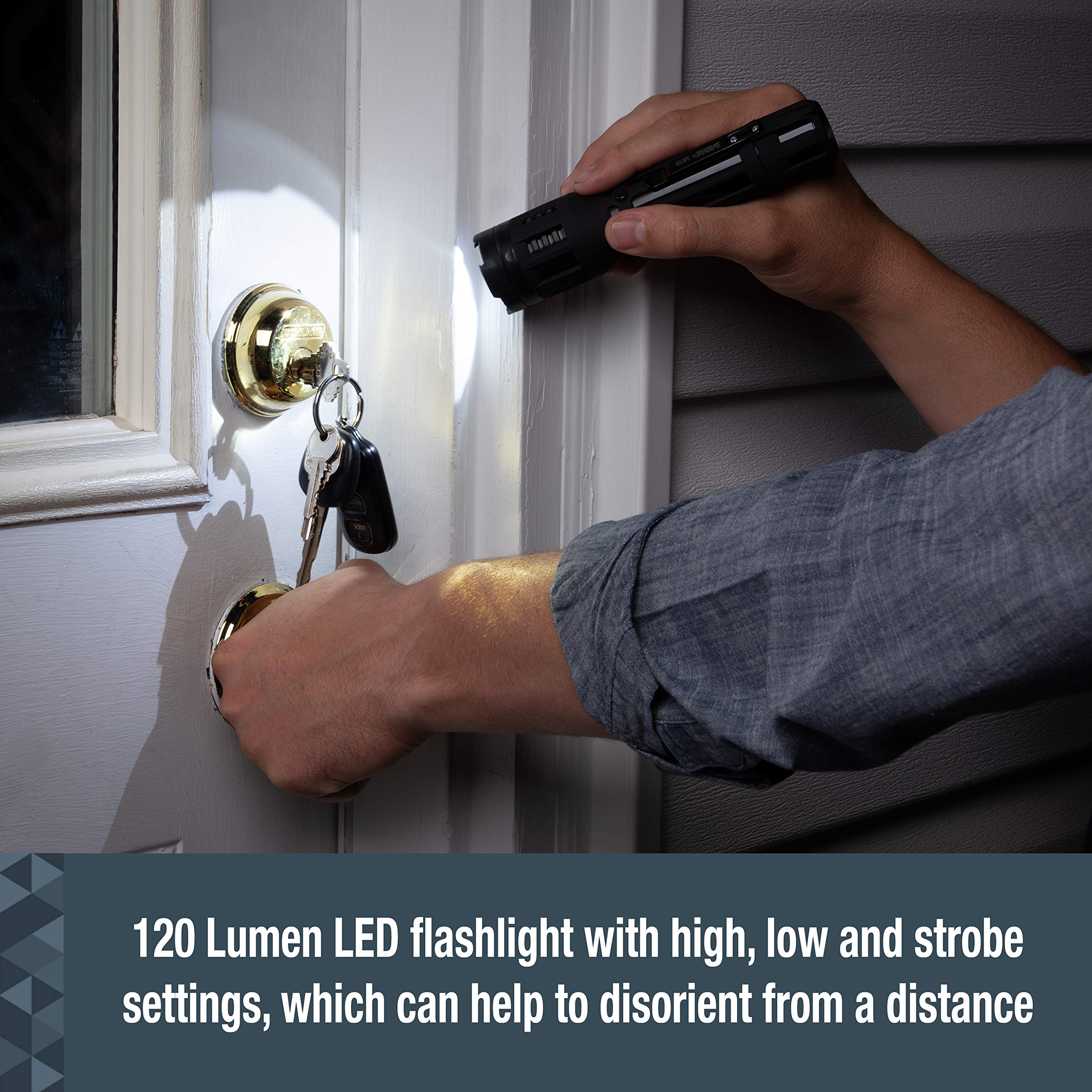 SABRE Stun Gun with LED Flashlight, Powerful Pain Inducing 1.820 µC Charge, 120 Lumens, Rechargeable Battery, Safety Switch, Includes Wrist Strap and Belt Holder, Black Stun Gun, 6.3"