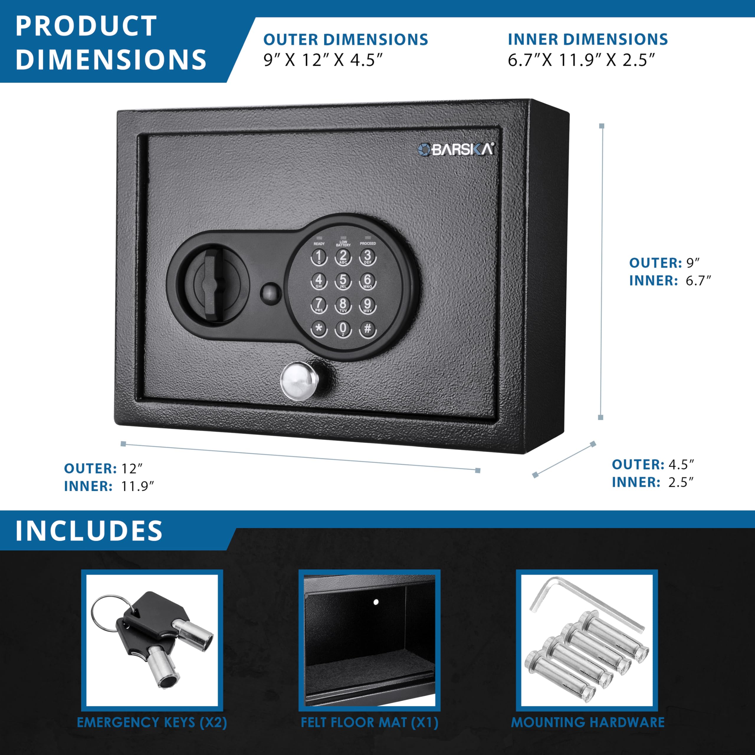 Barska Digital Keypad Home & Office Steel Security Safe Lock Box with Deadbolts - 0.15 Cu Ft Top Opening Drawer Safe