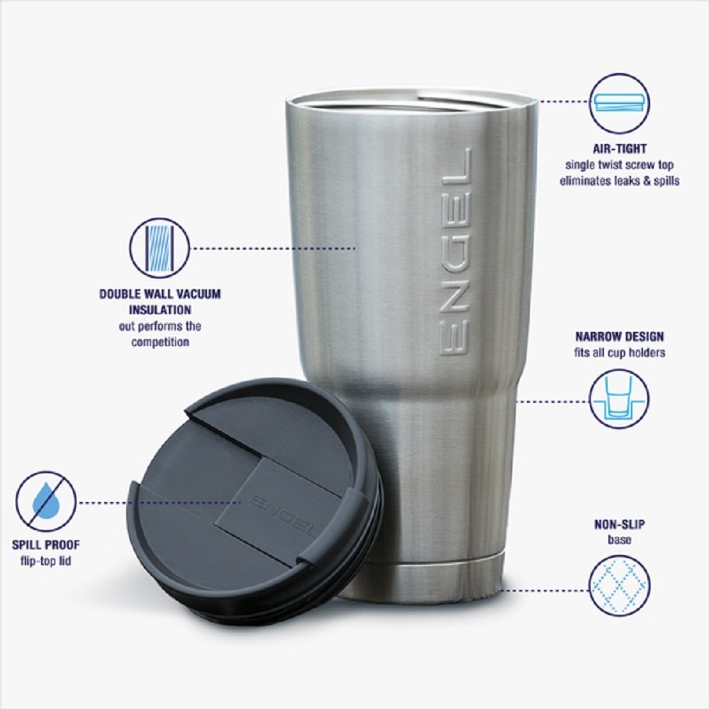 ENGEL Coolers 30-Ounce Stainless Steel Double Wall Vacuum-Insulated Hot/Cold Drinks Travel Tumbler with No-Spill Lid and Non-Slip Base, Silver