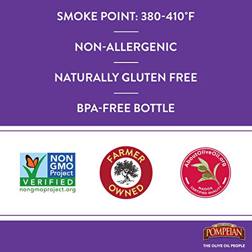 Pompeian Smooth Extra Virgin Olive Oil, Contains Polyphenols, First Cold Pressed, Mild and Delicate Flavor, Perfect for Sauteing & Stir-Frying, Naturally Gluten-Free, Non-GMO, 32 Fl Oz, Single Bottle