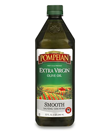 Pompeian Smooth Extra Virgin Olive Oil, Contains Polyphenols, First Cold Pressed, Mild and Delicate Flavor, Perfect for Sauteing & Stir-Frying, Naturally Gluten-Free, Non-GMO, 32 Fl Oz, Single Bottle